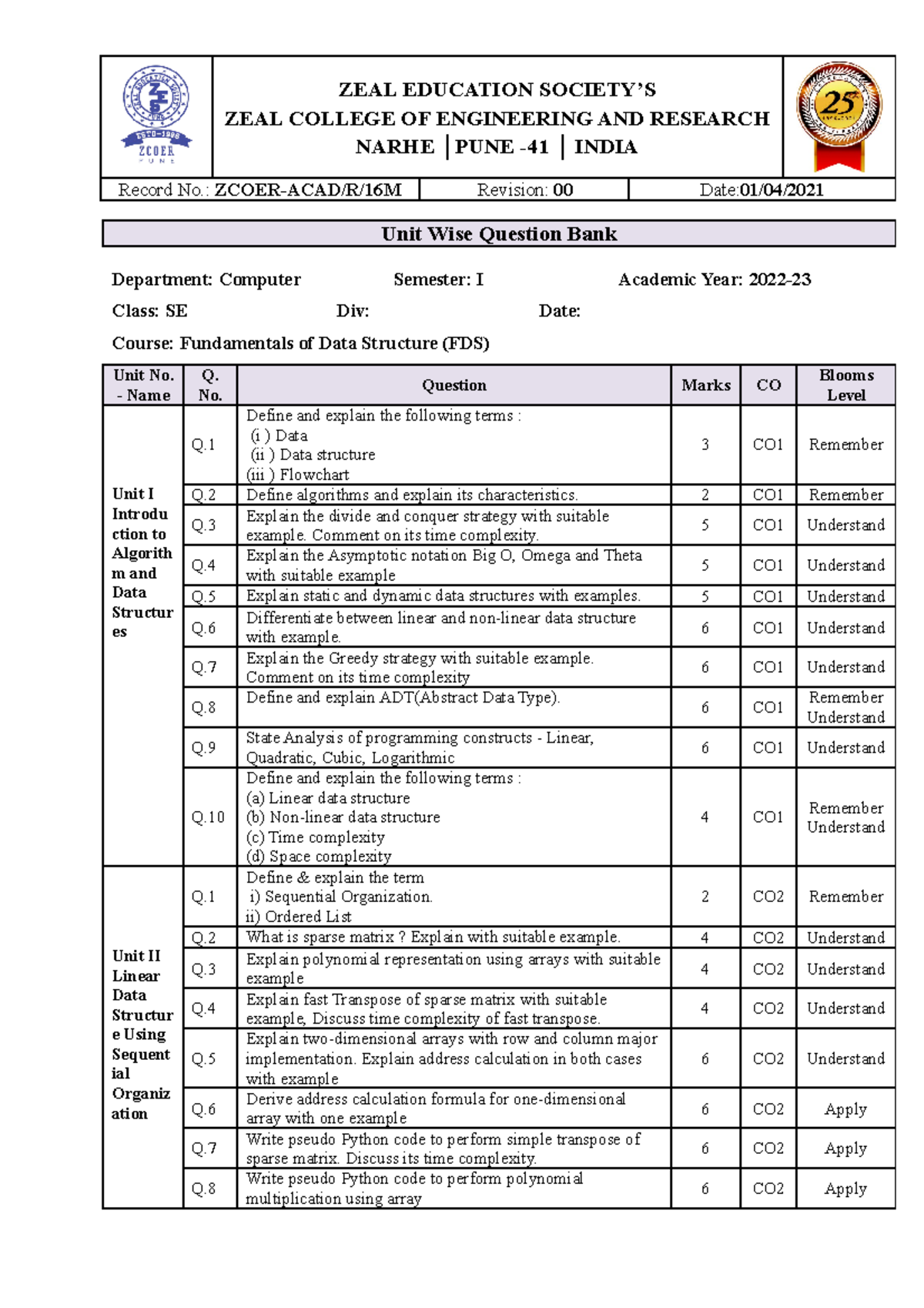FDS UNIT WISE QB SPPU - ZEAL COLLEGE OF ENGINEERING AND RESEARCH NARHE ...