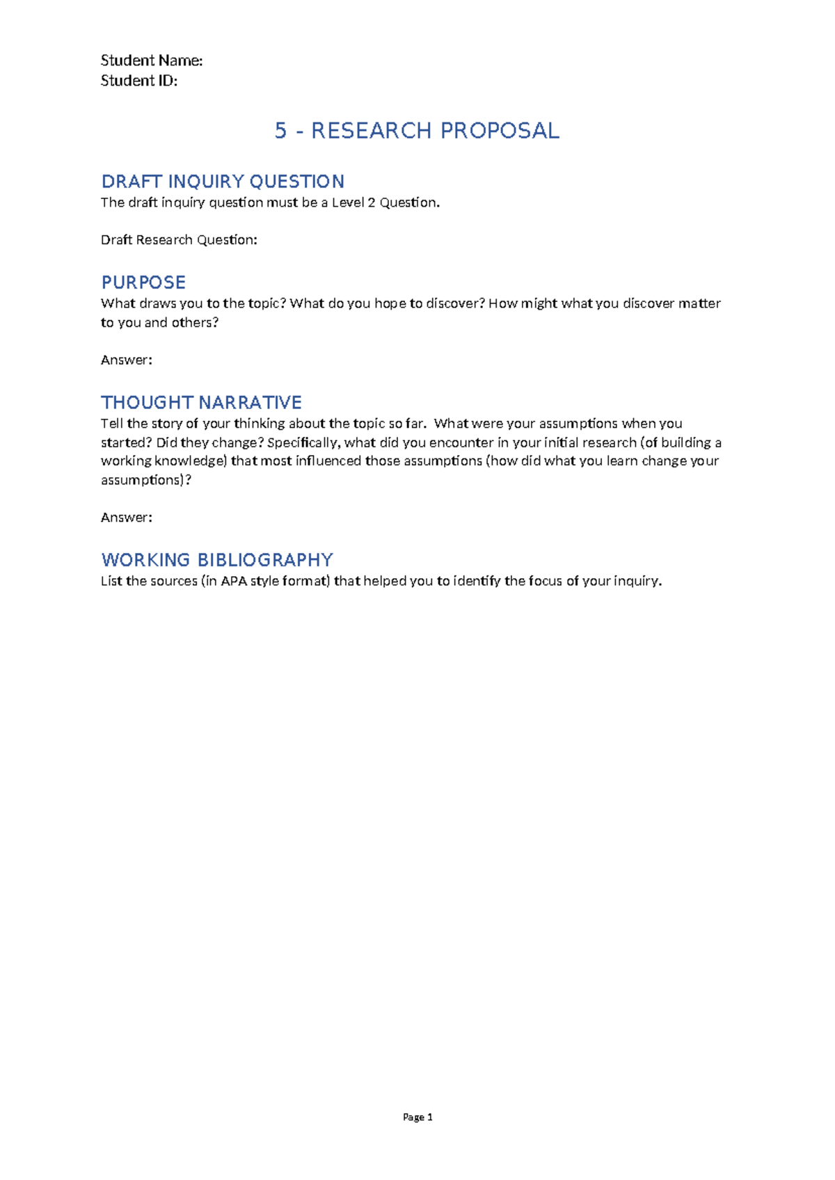 5 - Research Proposal Template: Inquiry and Bibliography Guide - Studocu