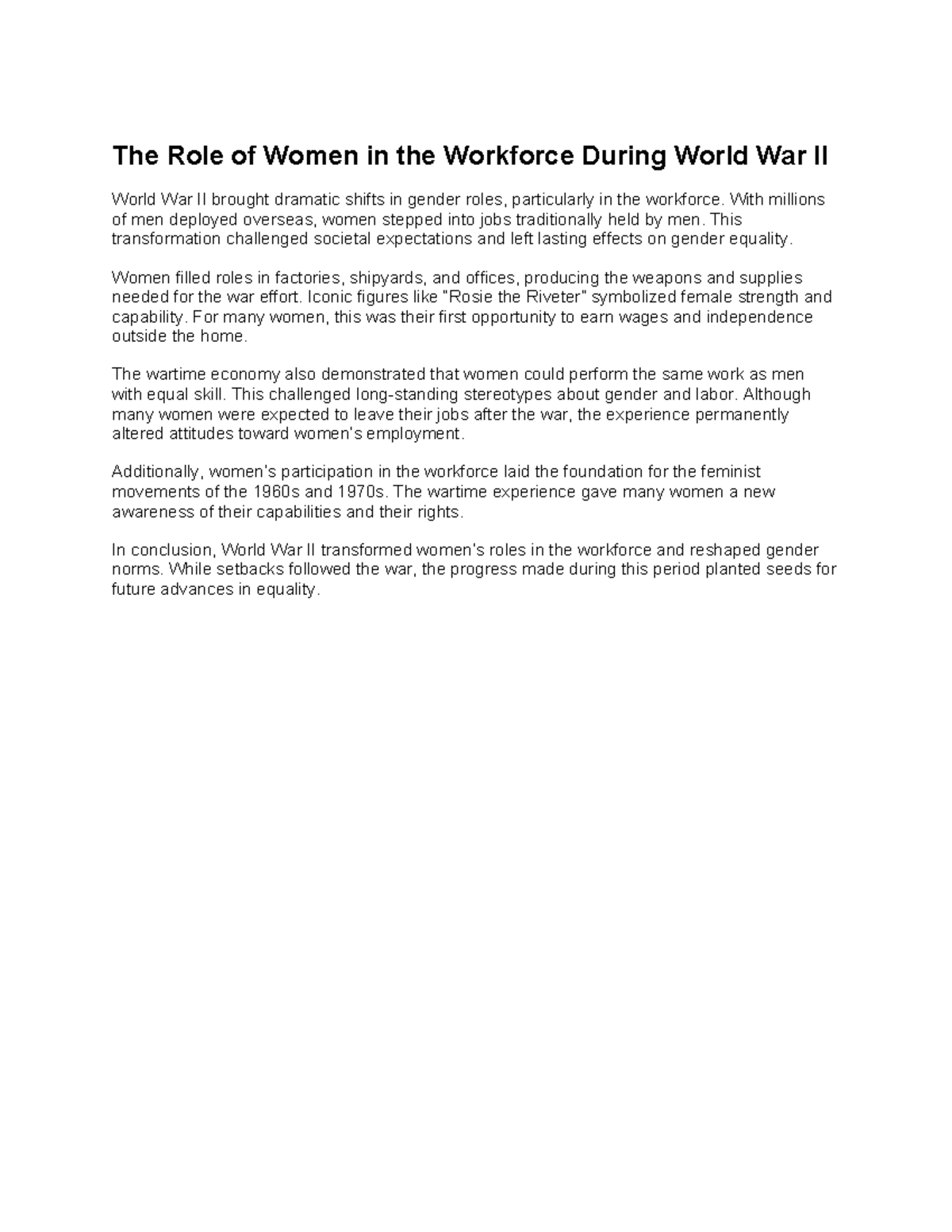 WWII Gender Roles: Women's Workforce Impact and Legacy - Studocu