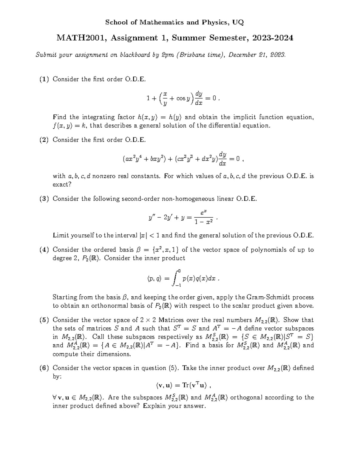 Assignment 1 MATH2001: O.D.E. Solutions & Vector Spaces Analysis - Studocu