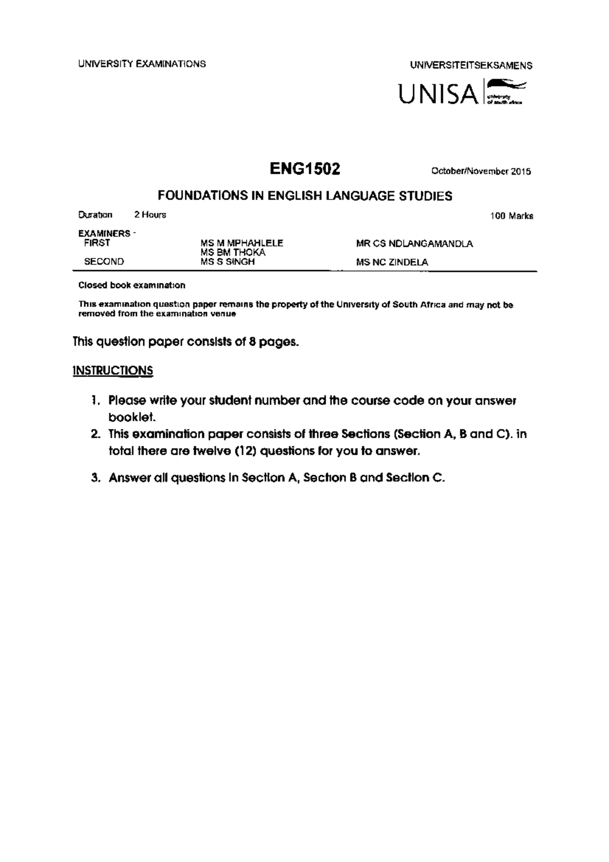 ENG1502 2022 OCT NOV Examination - UNIVERSITY EXAMINATIONS OCTOBER ...