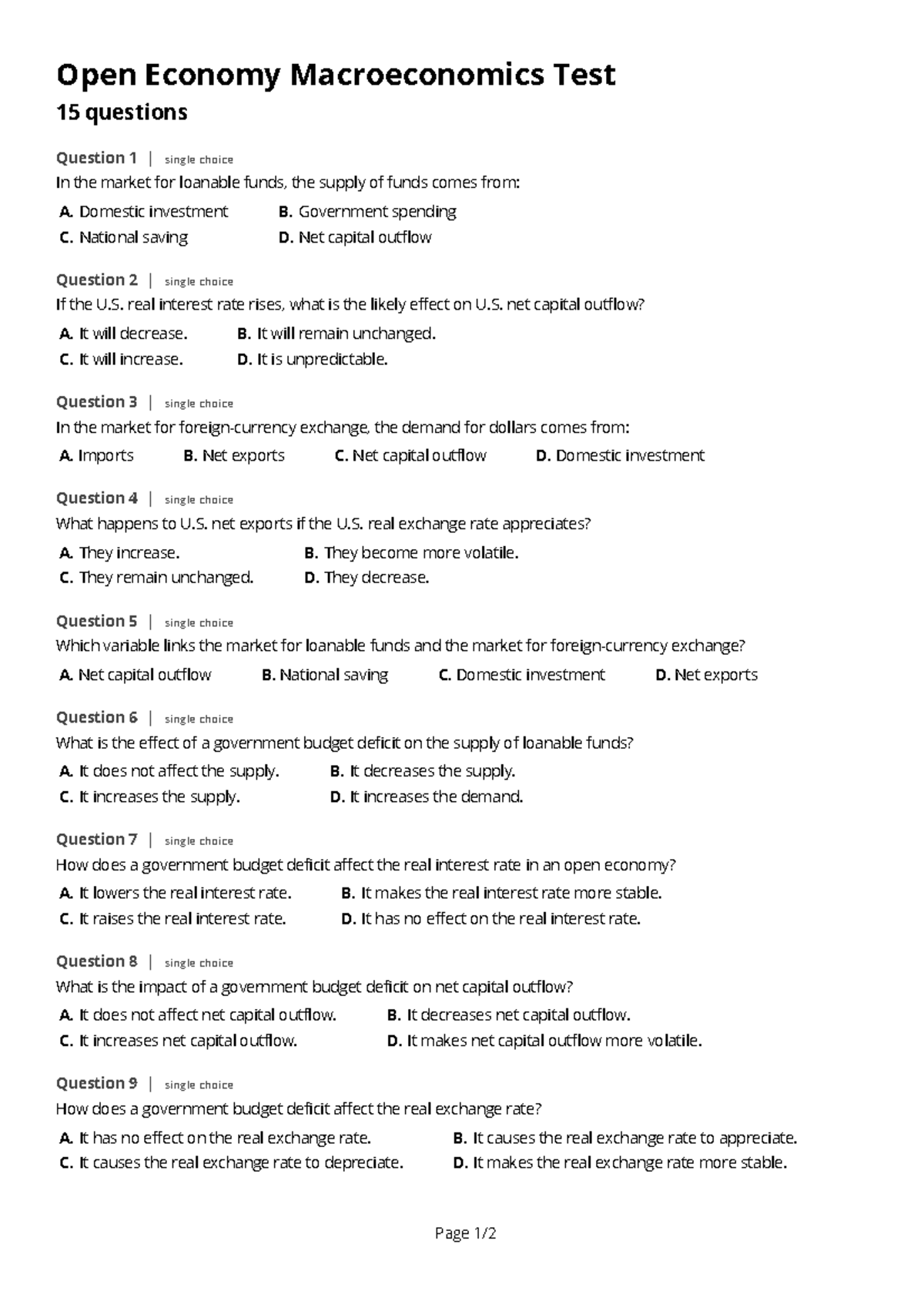 Open Economy Macroeconomics Test (Course Code: 15 Questions) - Studocu