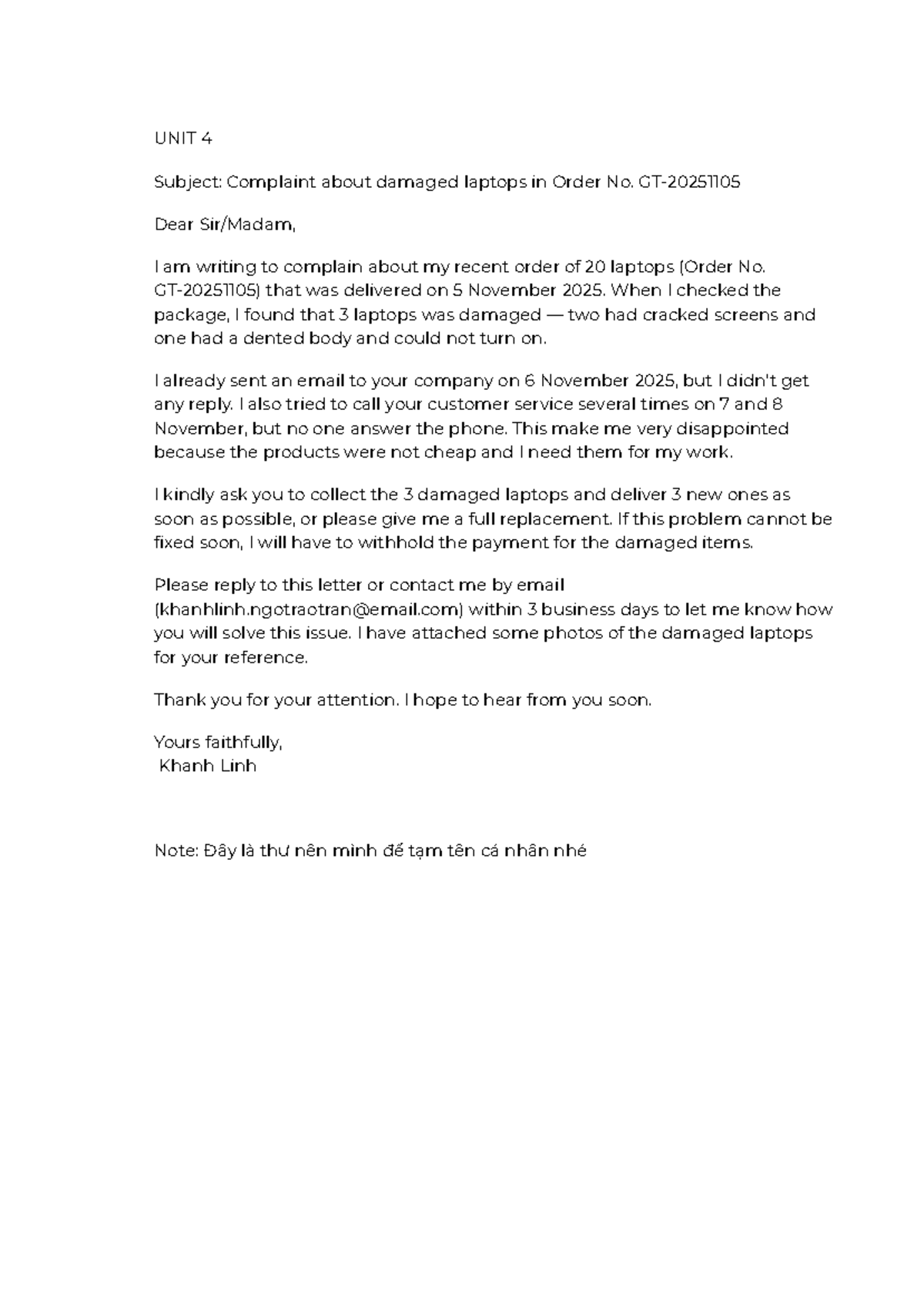 TAKD HP2 Writing G10 - Complaint Letter for Damaged Laptops - Studocu