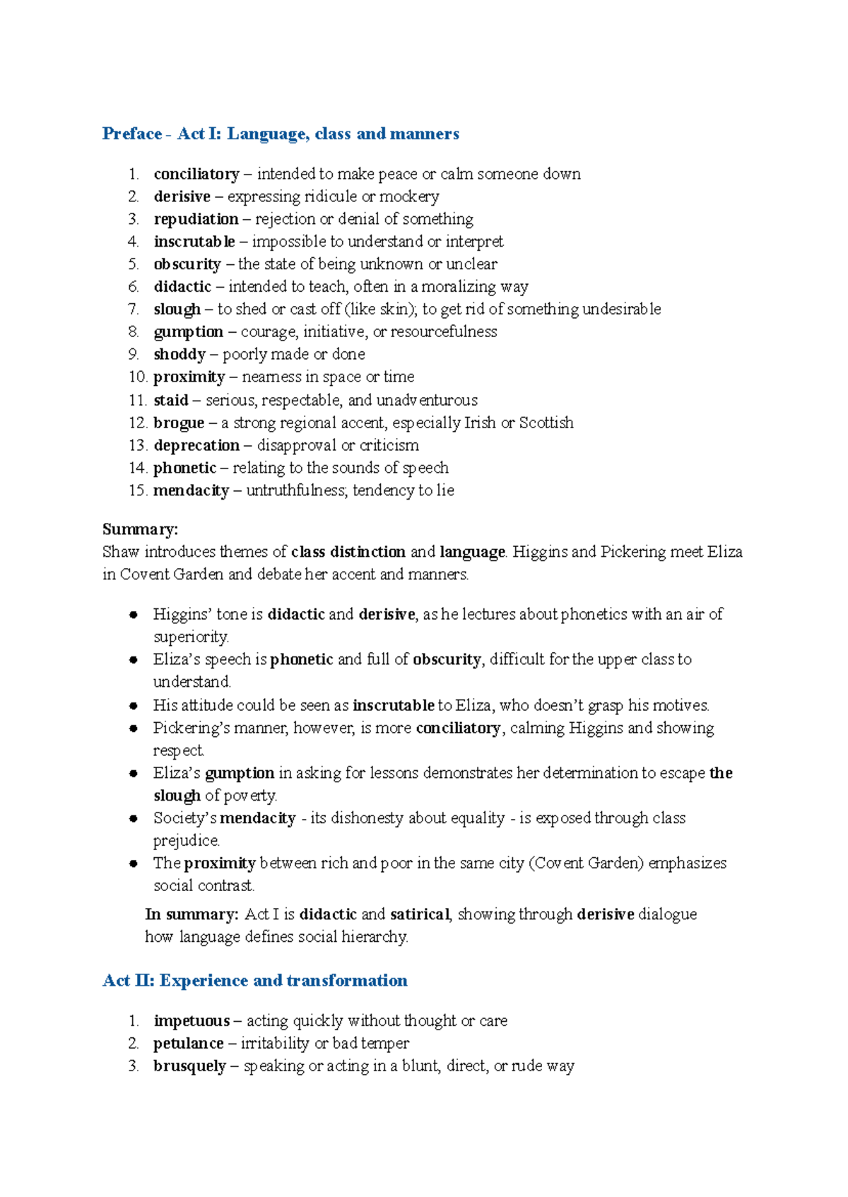 IB English - Paper 2-2 - Act Summaries: Language, Class, and ...