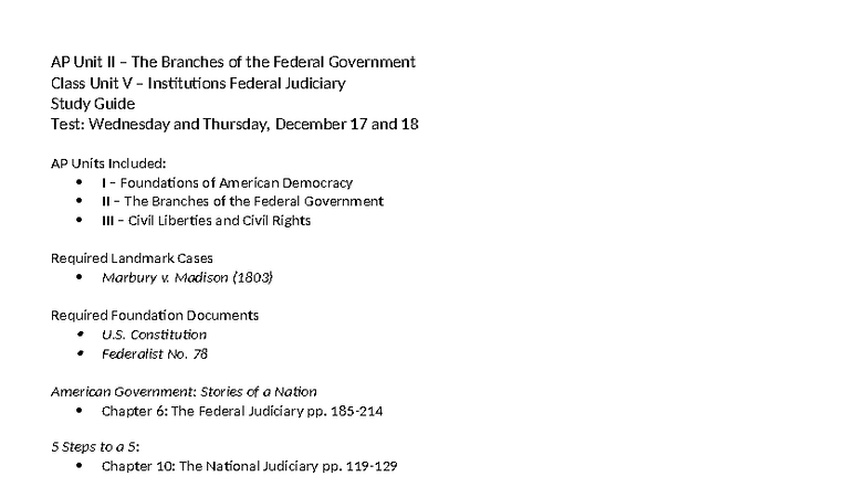 AP Government Unit II Study Guide: The Federal Judiciary (Dec 17-18 ...
