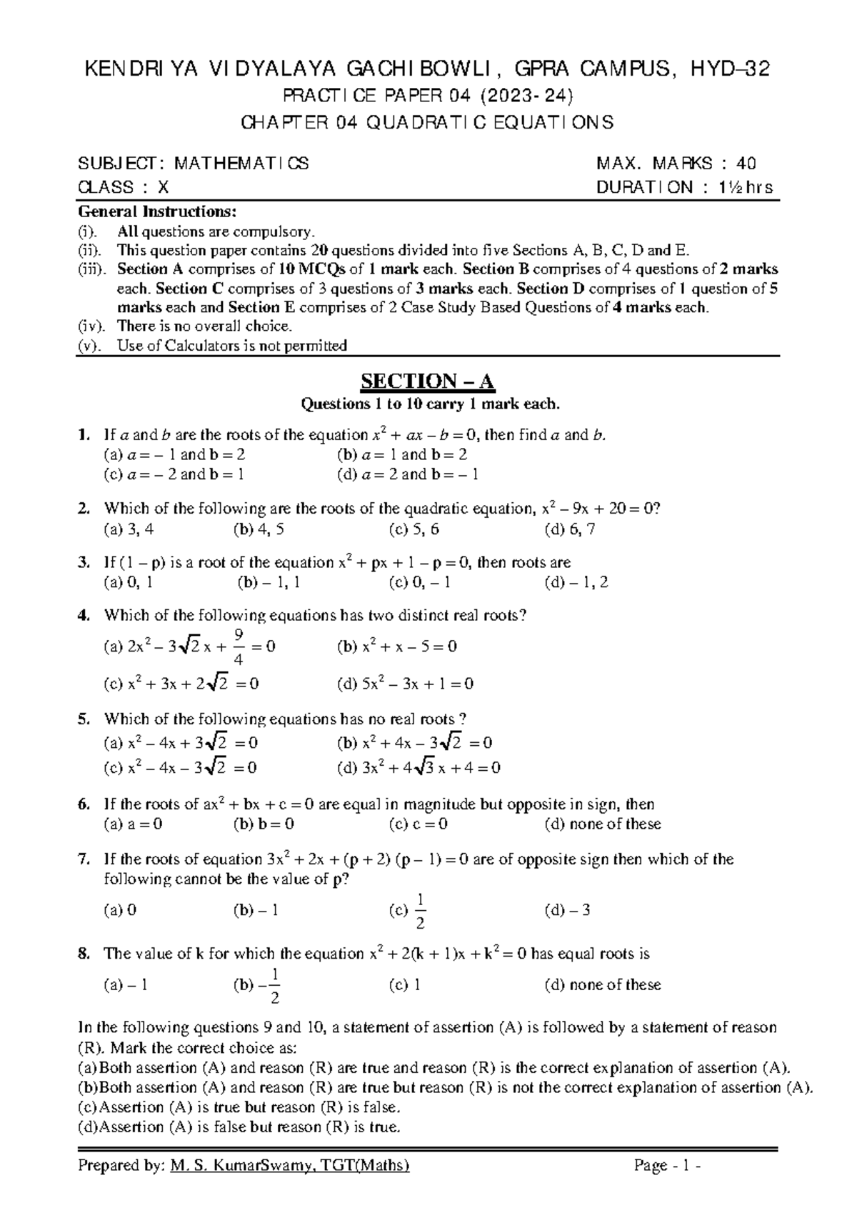 Maths Class X Practice Paper 04: Quadratic Equations (Chapter 04) - Studocu