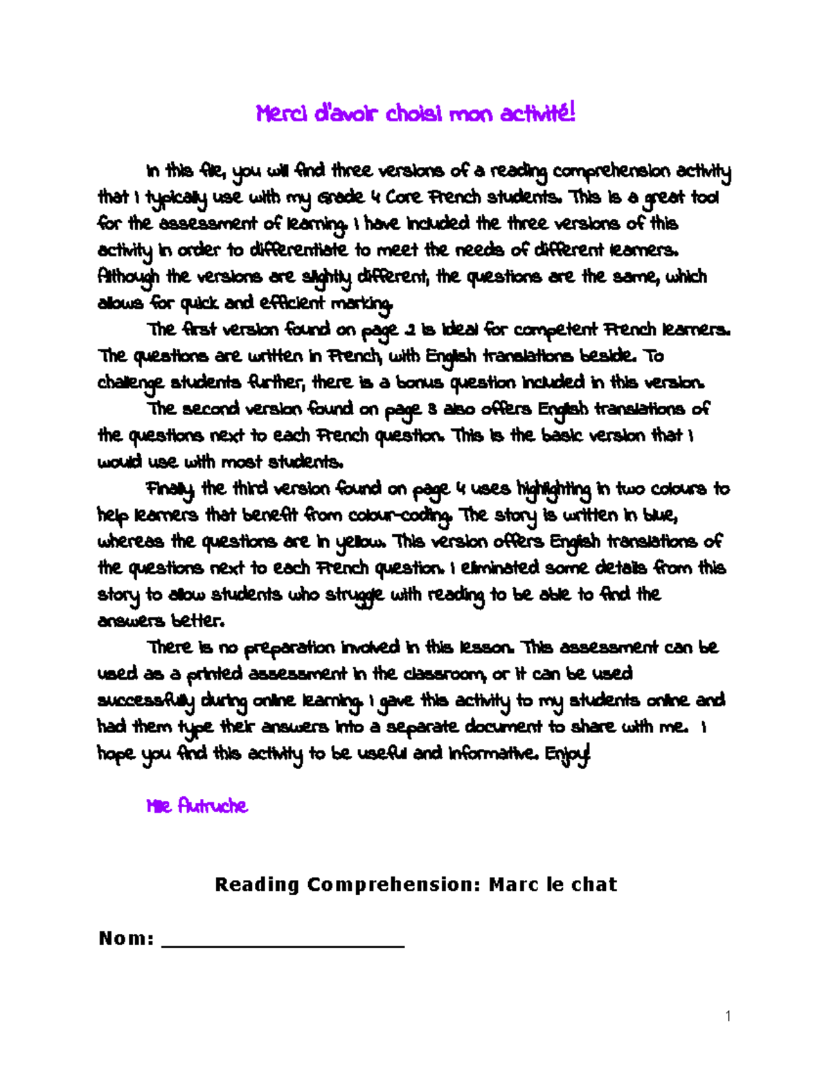 French Reading Comprehension Activity for Grade 4 Core French - Studocu