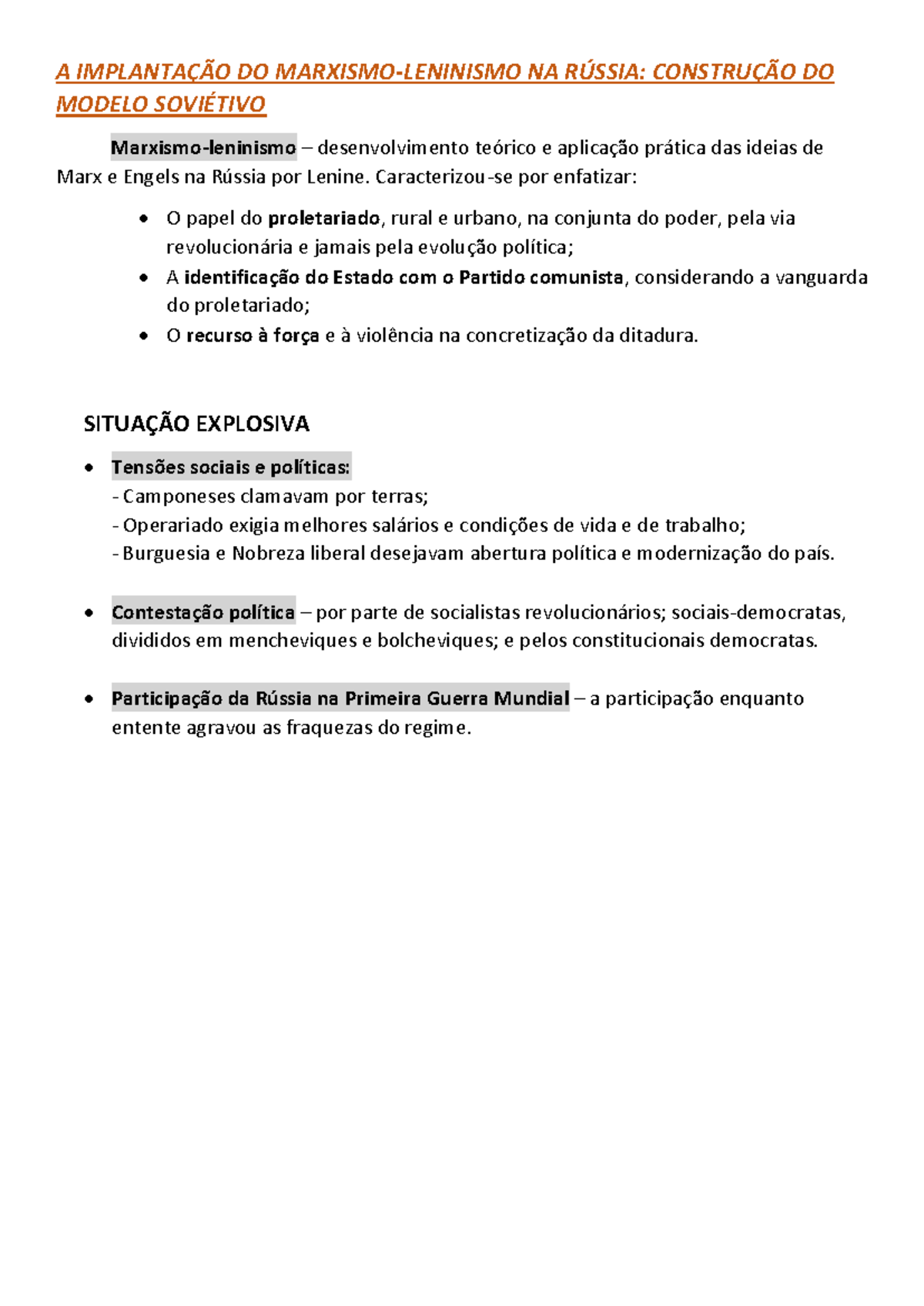 História A 12º: Modelo Soviético e a Implantação do Marxismo-Leninismo ...