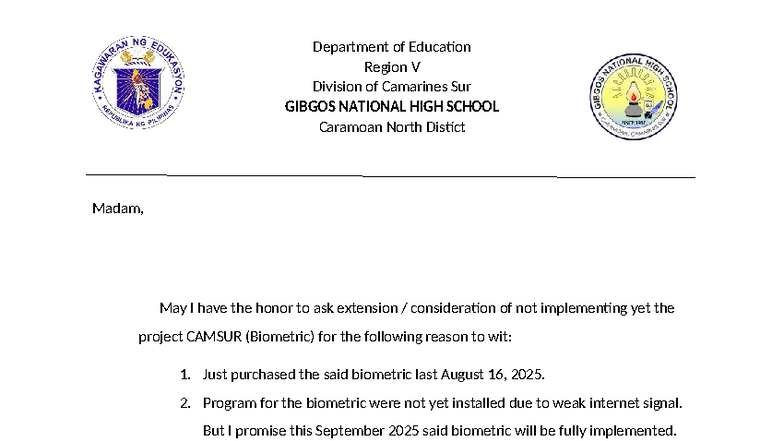Justification Letter for Biometric Attendance Issues - CAMSUR - Studocu