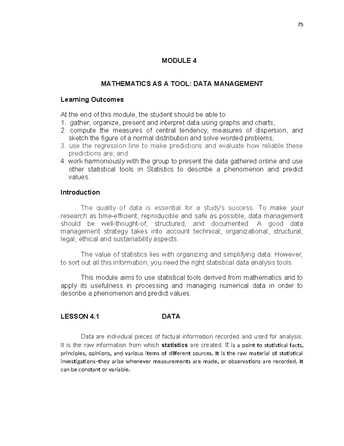 Module-4 - Data Management & Statistical Tools in Mathematics - Studocu