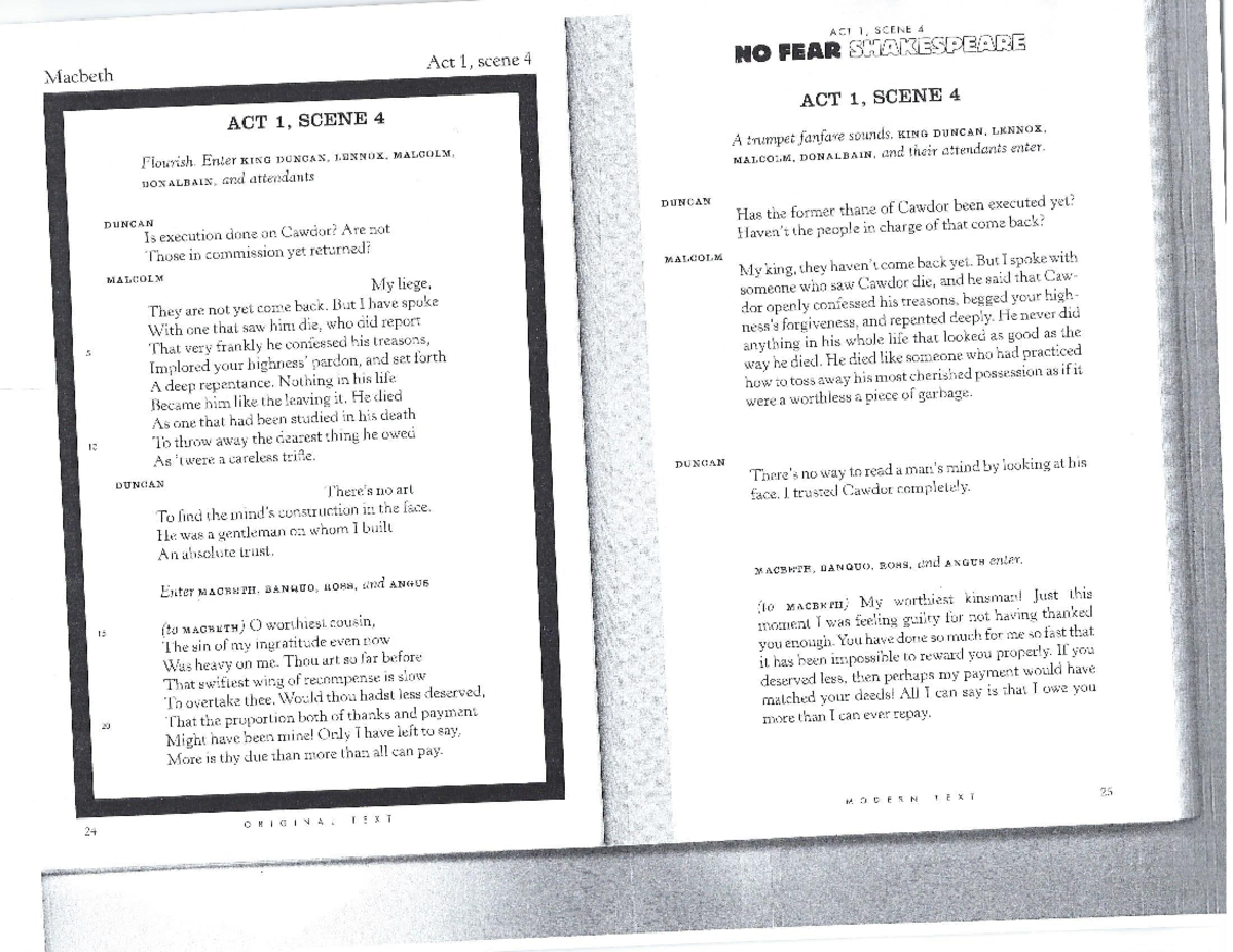 ACT 1, SCENE 4 Analysis and Summary of Macbeth (No Fear Shakespeare ...