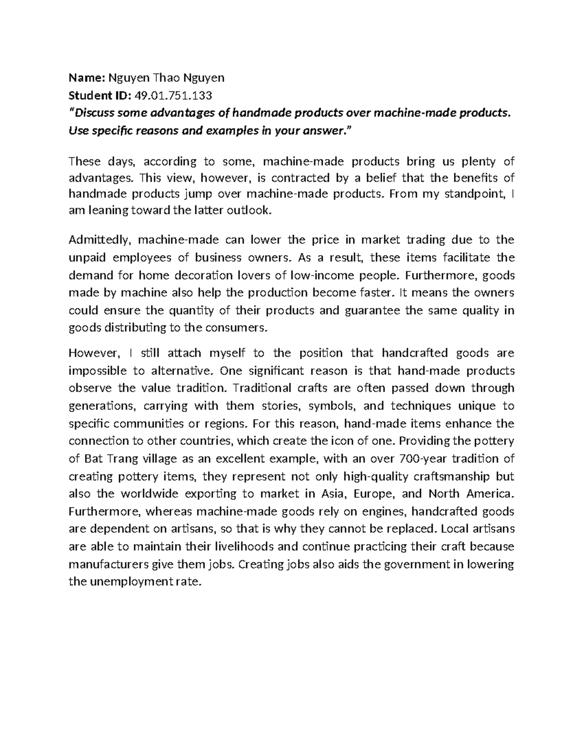 Writing 2A - Advantages of Handmade Products Over Machine-Made - Studocu