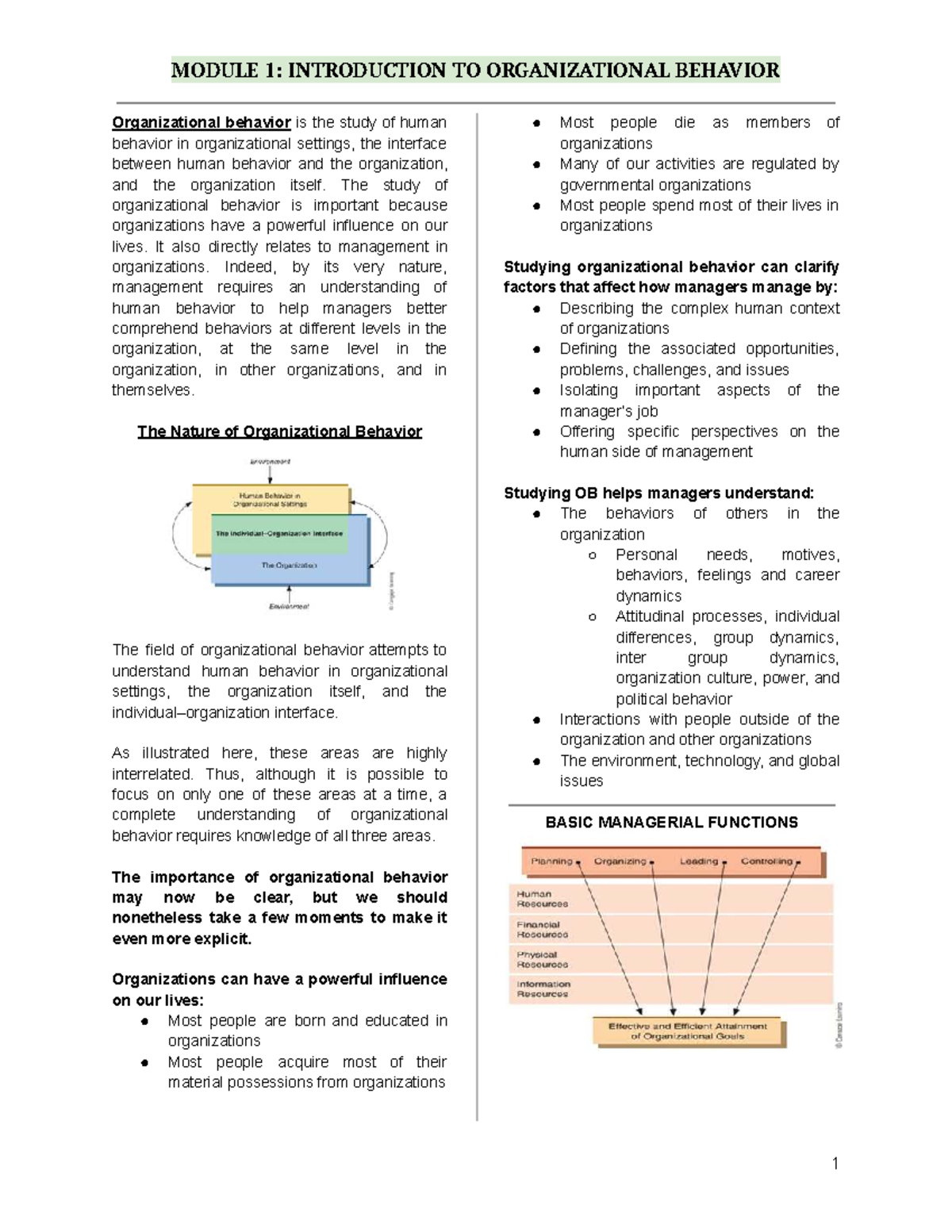 MODULE 1: INTRODUCTION TO ORGANIZATIONAL BEHAVIOR Insights and Key ...