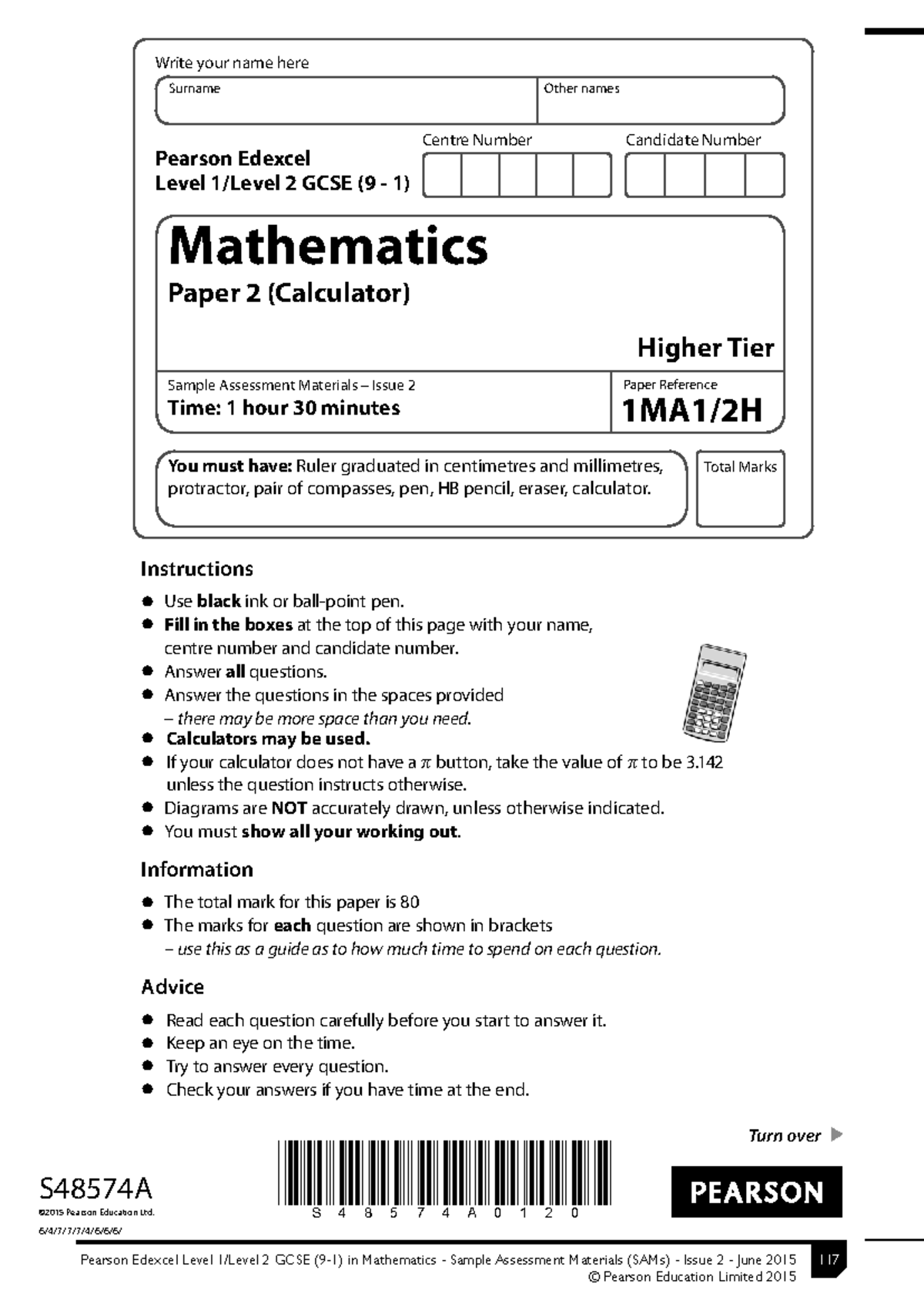 Edexcel 1MA1/2H - GCSE Mathematics Sample Assessment Paper 2 (Calc ...