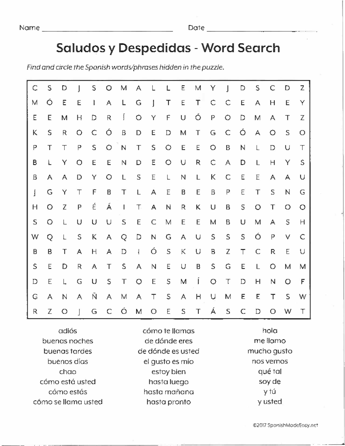 Saludos y Despedidas - Word Search Practice Materials - Studocu
