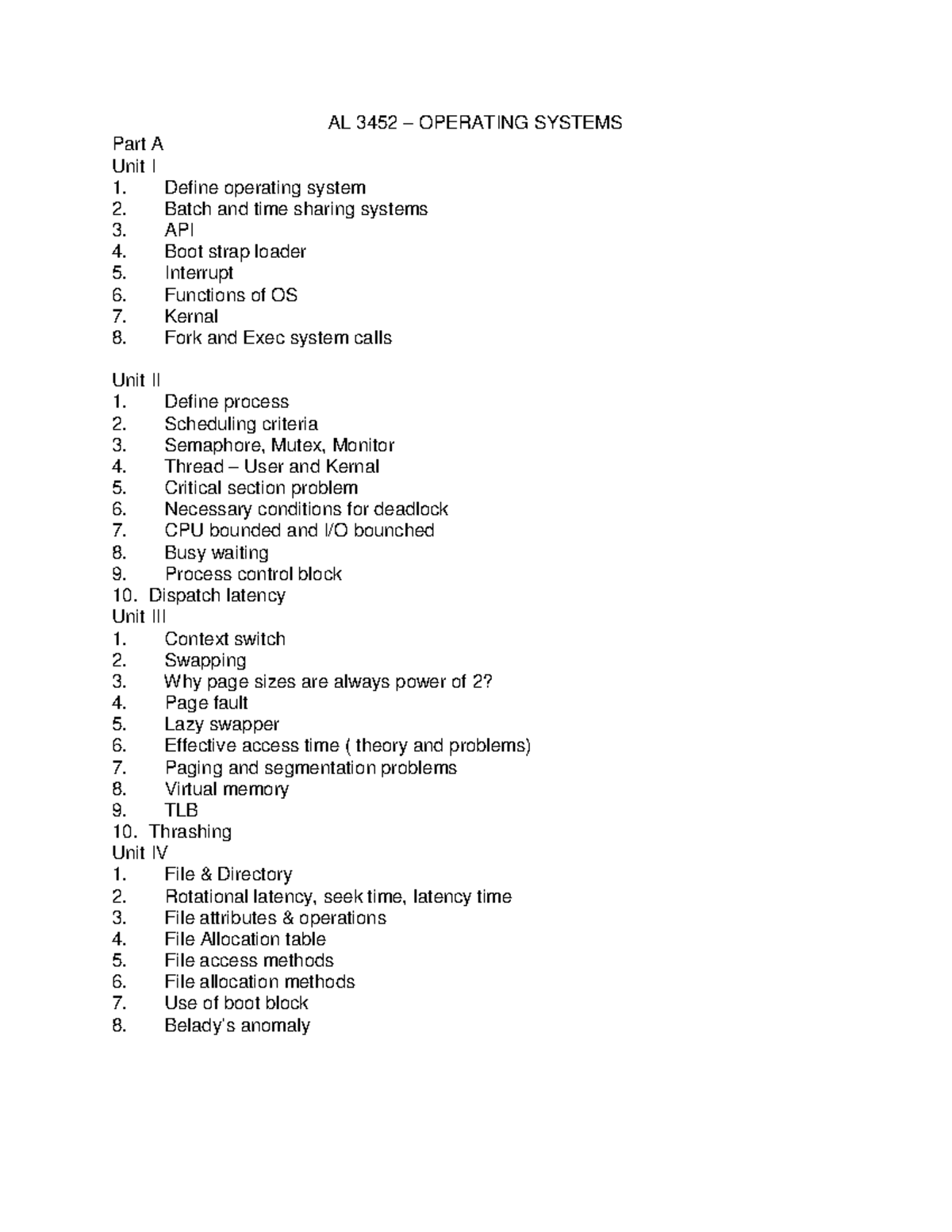 AL 3452 OPERATING SYSTEMS Syllabus Overview and Key Concepts - Studocu