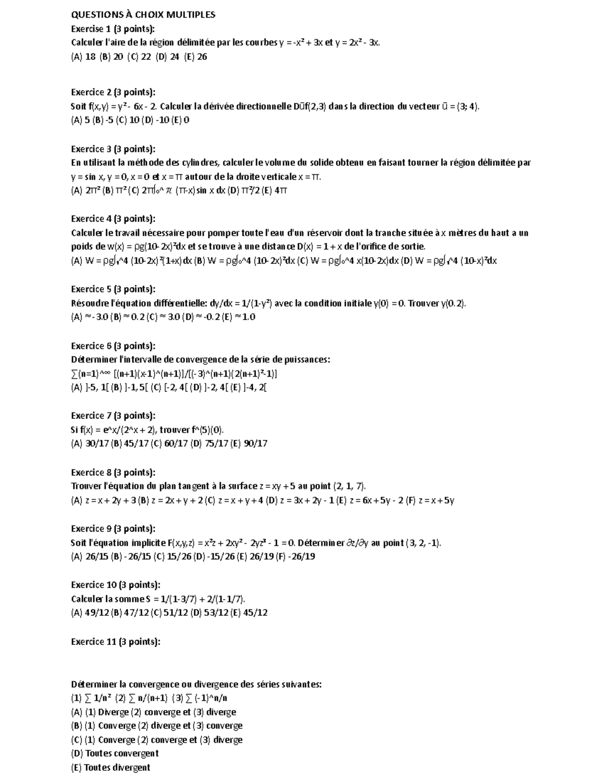Calc 3 V3 - Questions à Choix Multiples et Exercices - Studocu