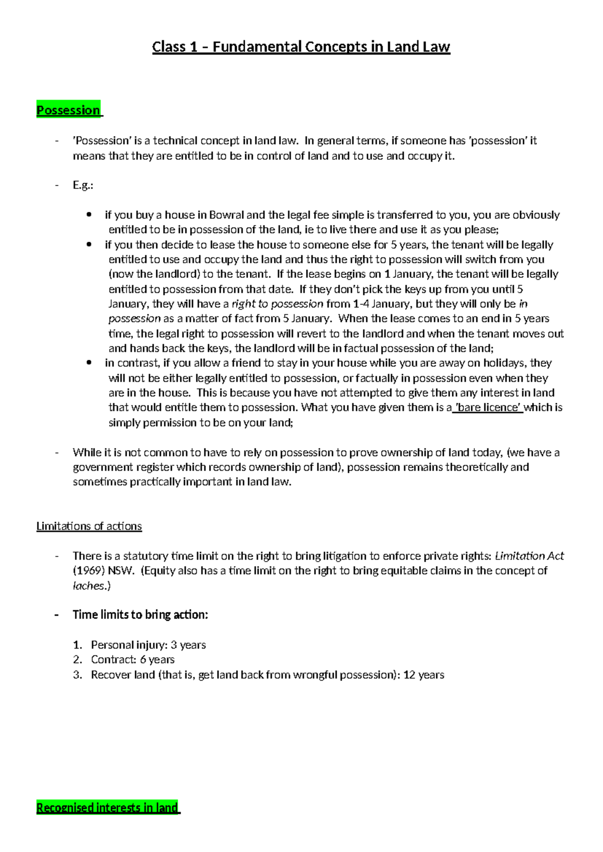 Land Law Concepts: Possession, Interests, and Torrens System (LAW101 ...