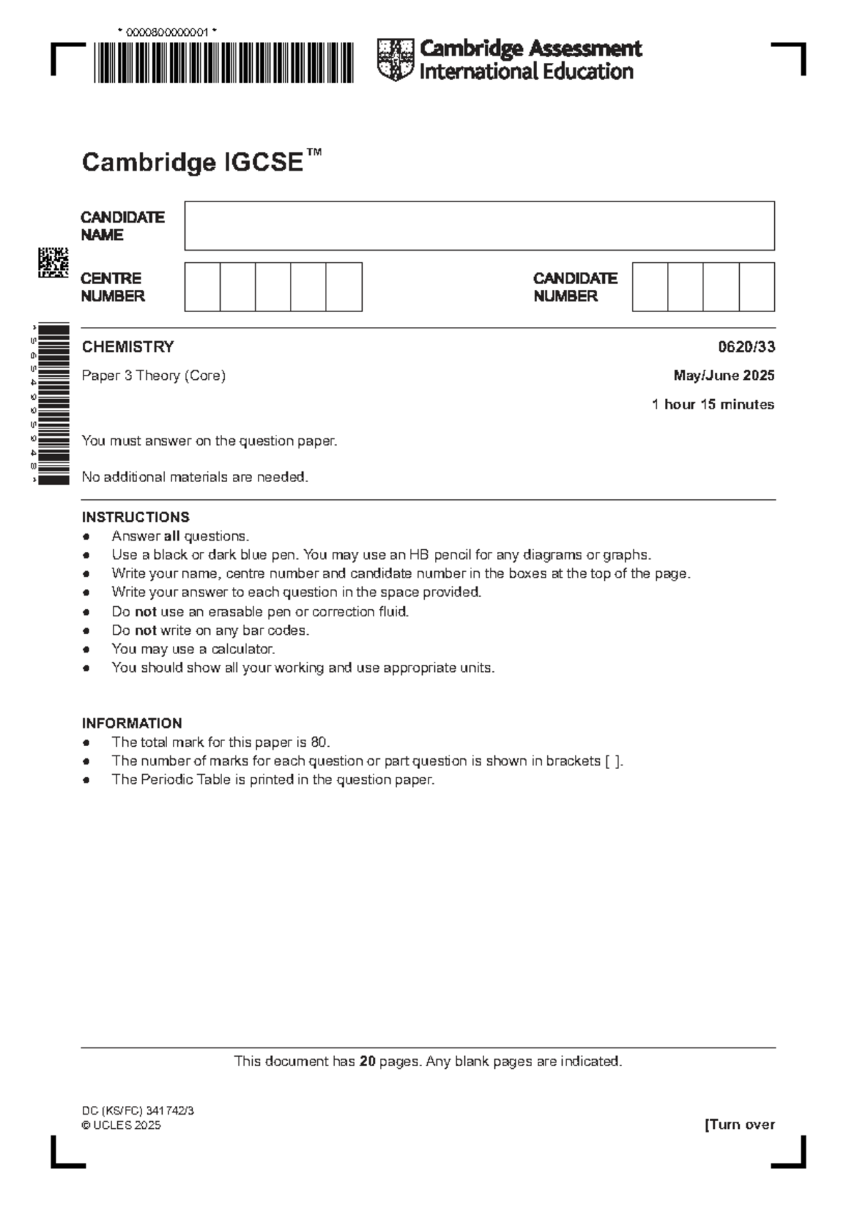 Cambridge 5 6 5 4 9 9 5 9 4 8 CHEMISTRY Paper 3 Theory (Core) 2025 Exam ...