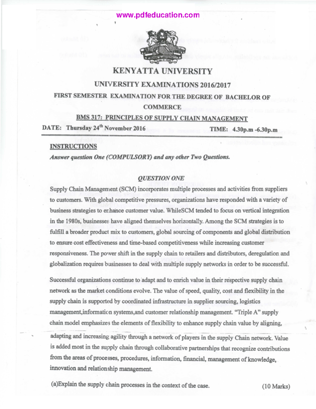 BMS 317 Principles of Suppl Chain Management Past Papers November 2016 ...