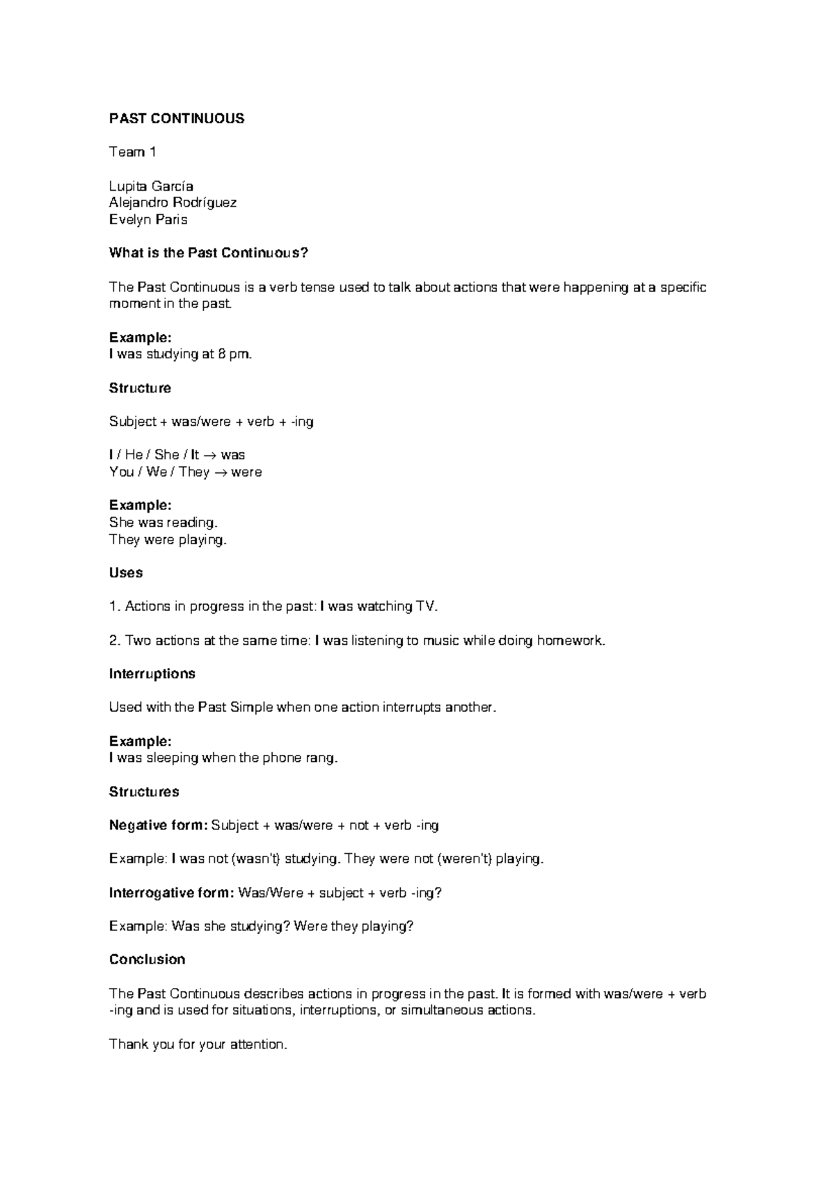 PAST CONTINUOUS Presentation Notes - Team 1 - Studocu