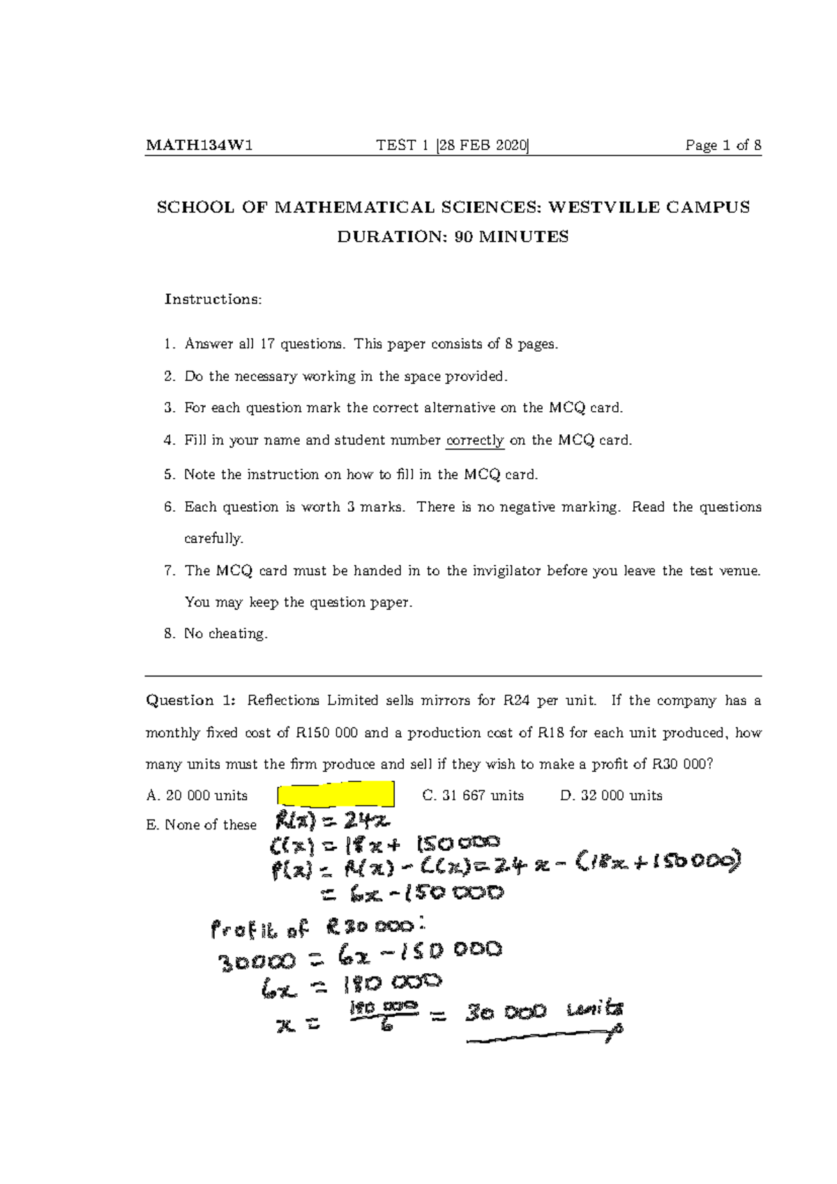 MATH134W1 TEST 1 FEB 2020 - Past Paper Questions and Solutions - Studocu