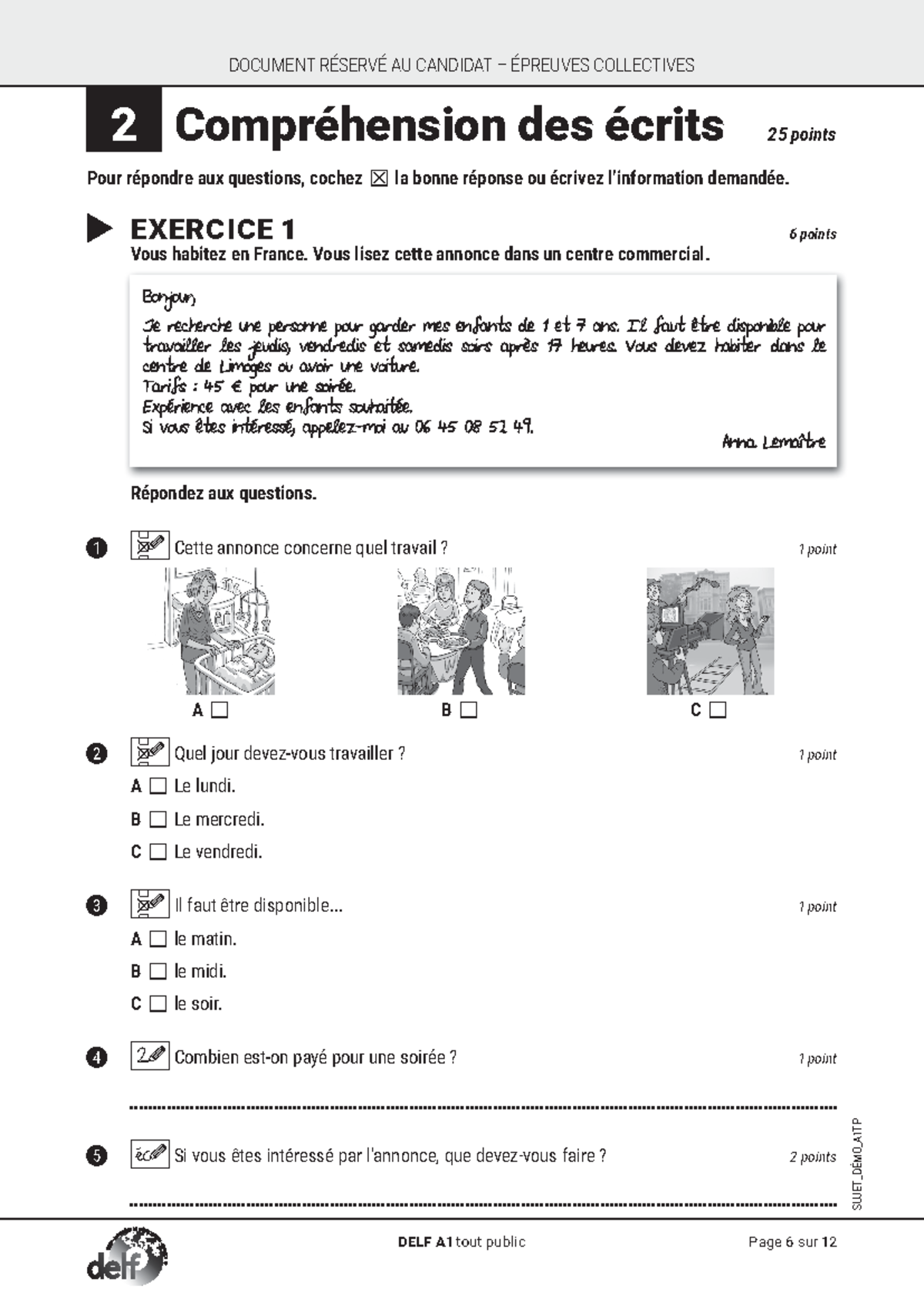 Test DELF A1-A2 CE - Exemples d'exercices de compréhension écrite - Studocu
