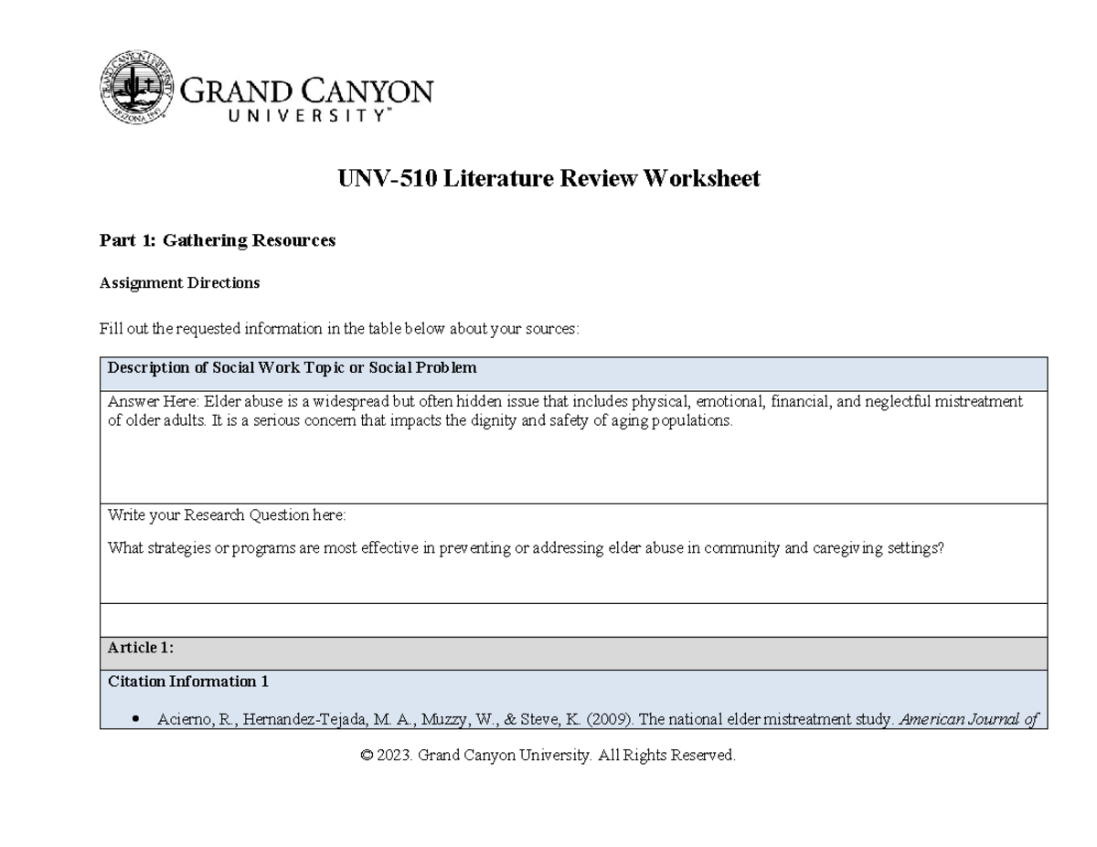 UNV-510 Literature Review Worksheet: Elder Abuse Research Insights ...