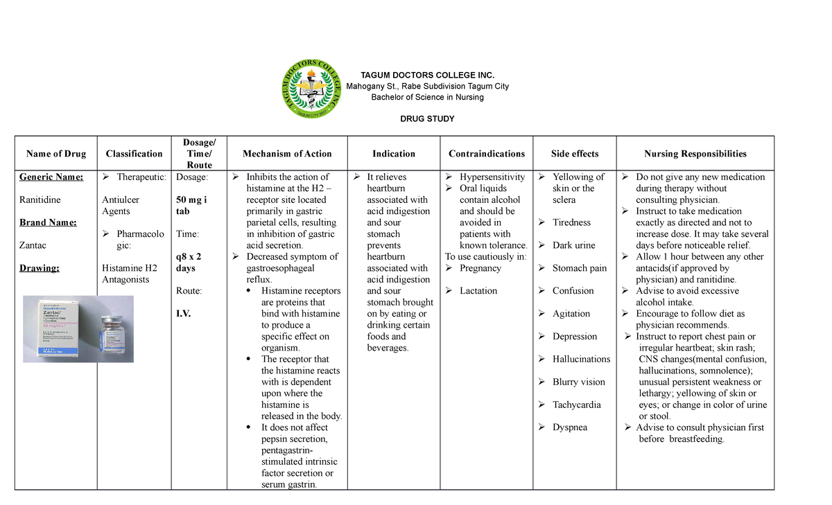 Ranitidine Drug Study - Nursing Guide on Mechanism & Dosage - Studocu