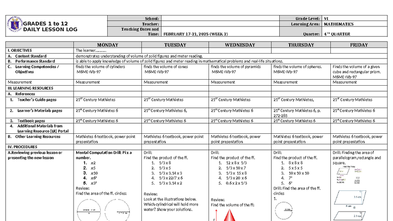 DLL Mathematics-6 Q4 W2: Volume of Solid Figures Lesson Plan - Studocu