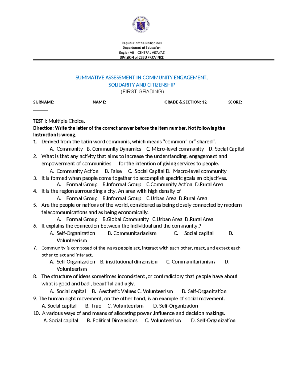 CIVICS 101: Community Engagement Summative Assessment (1st Grading ...