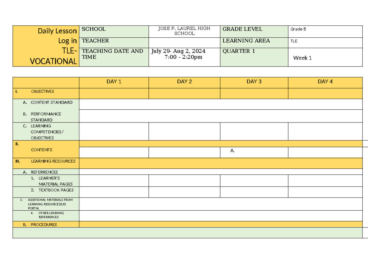 Daily-Lesson-Log Grade 8 Week 1 - Daily Lesson Log in TLE- VOCATIONAL ...