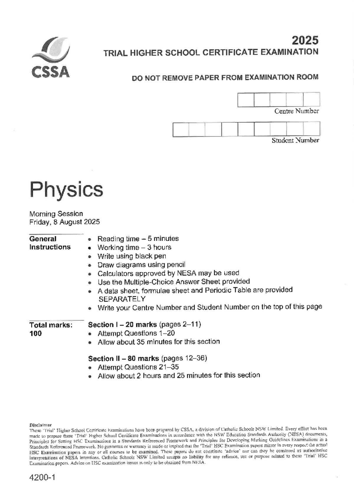 CSSA 2025 HSC Physics Trial Examination Paper - Studocu