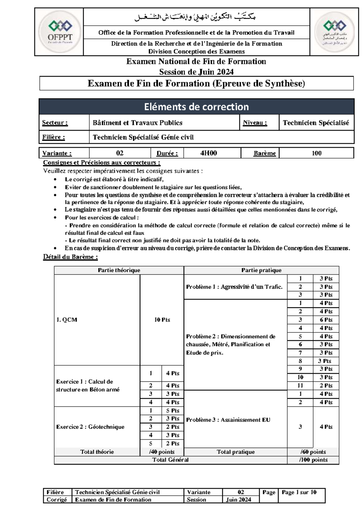 Examen National de Fin de Formation TSGC - Juin 2024: Corrigé et Barème ...
