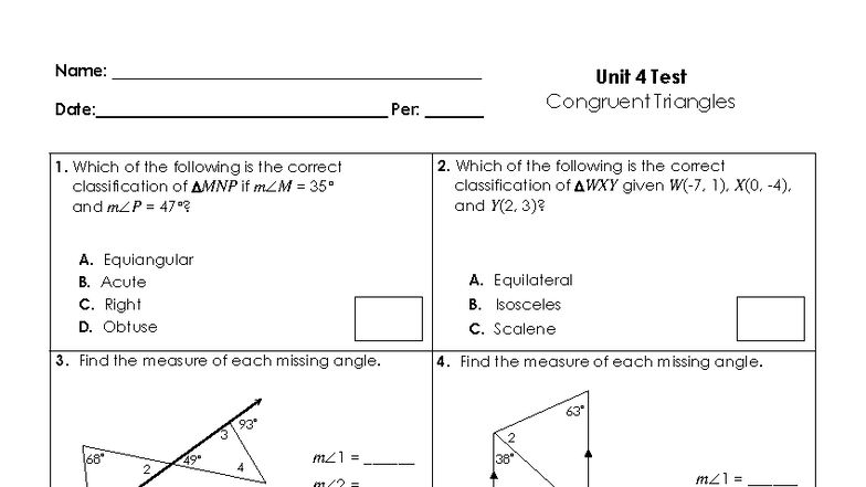 Unit 4 Test Review: Congruent Triangles Study Guide - Studocu