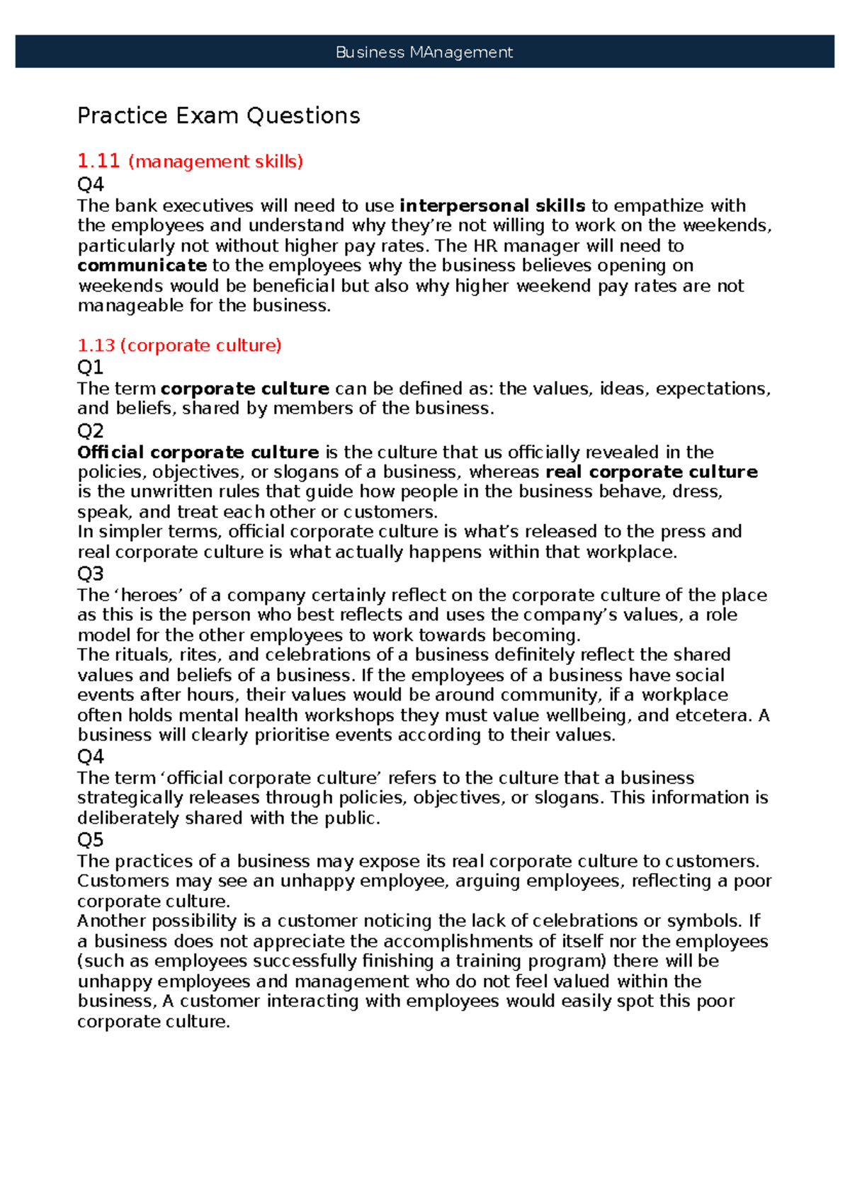 Business Management Practice Exam Questions 1.11 & 1.13 - Studocu