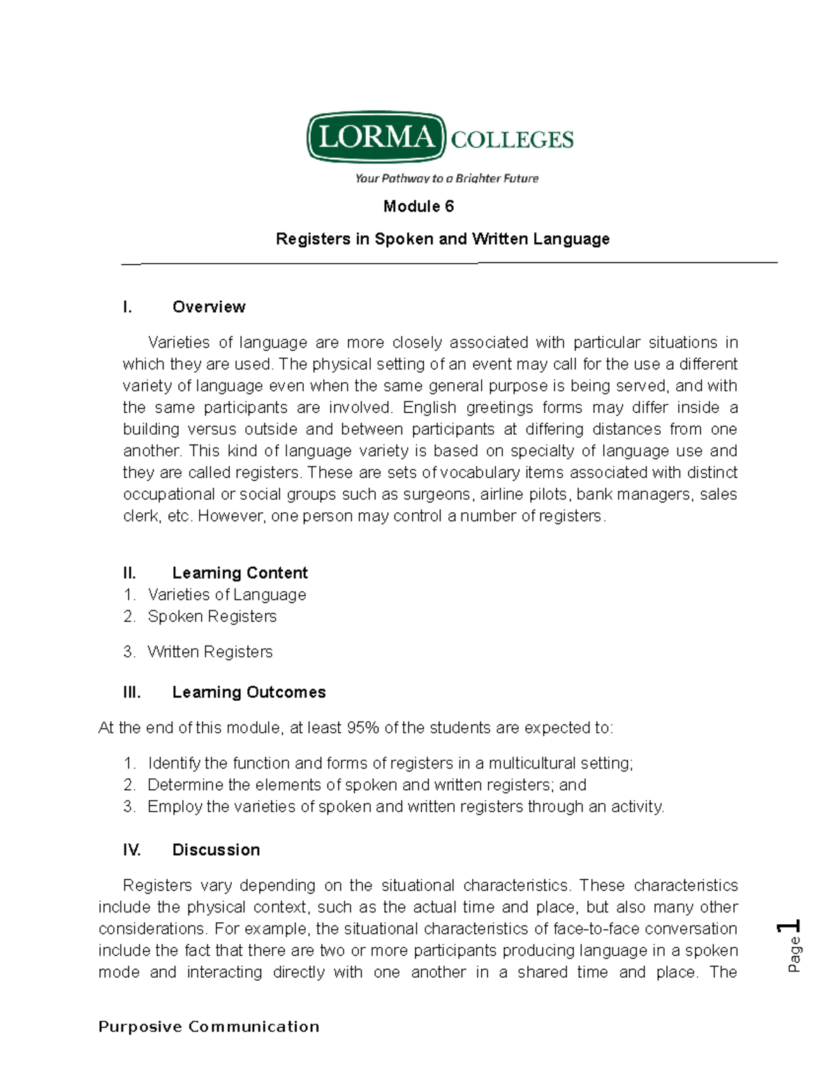Purposive COM Module 6: Understanding Language Registers - Studocu