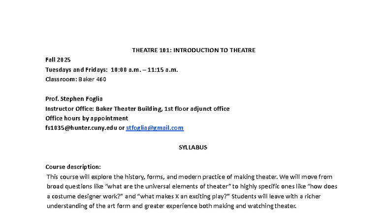 THEATRE 101: INTRODUCTION TO THEATRE Syllabus Fall 2025 - Studocu