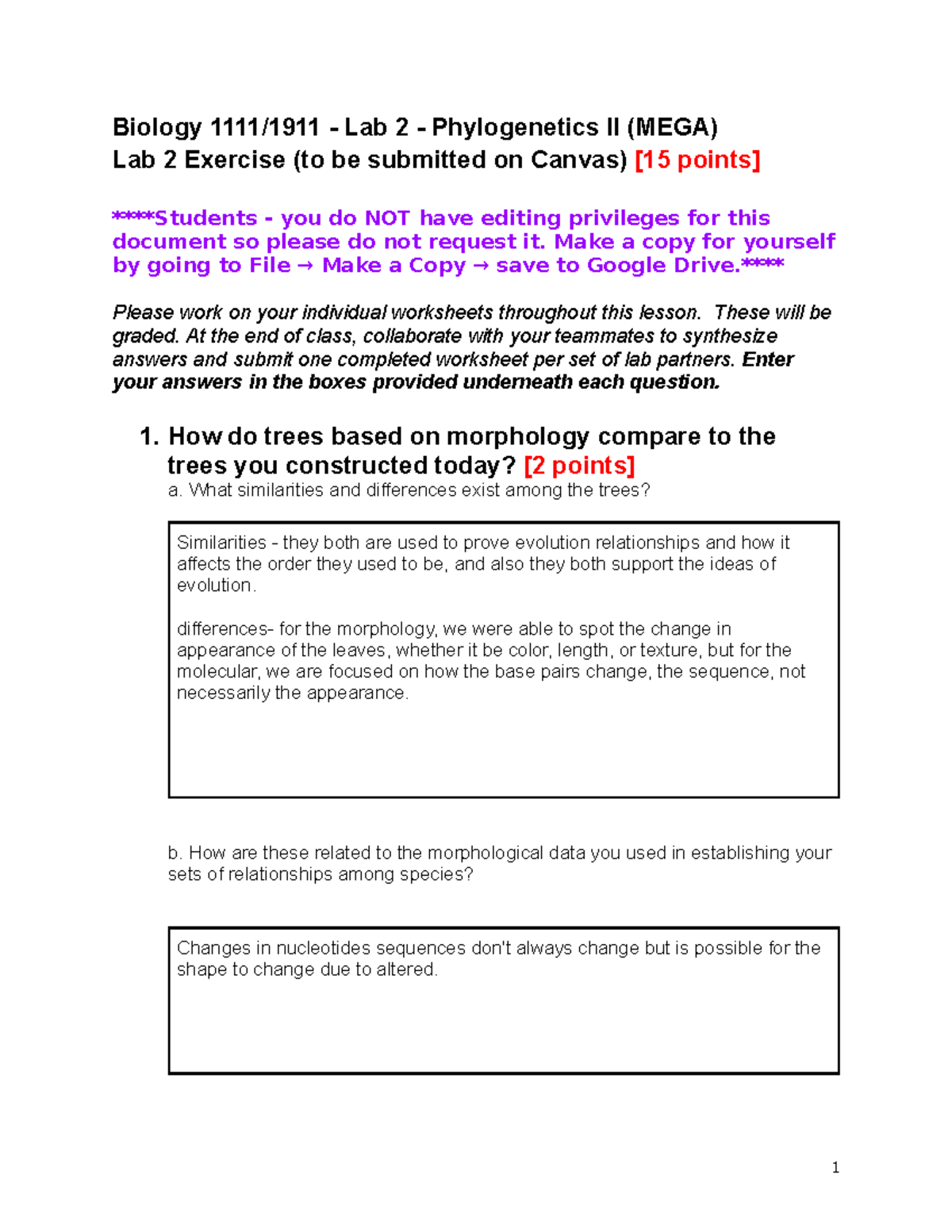 Copy of Lab 2 - Phylogenetics II (MEGA) - Lab 2 Exercise - Biology 1111 ...