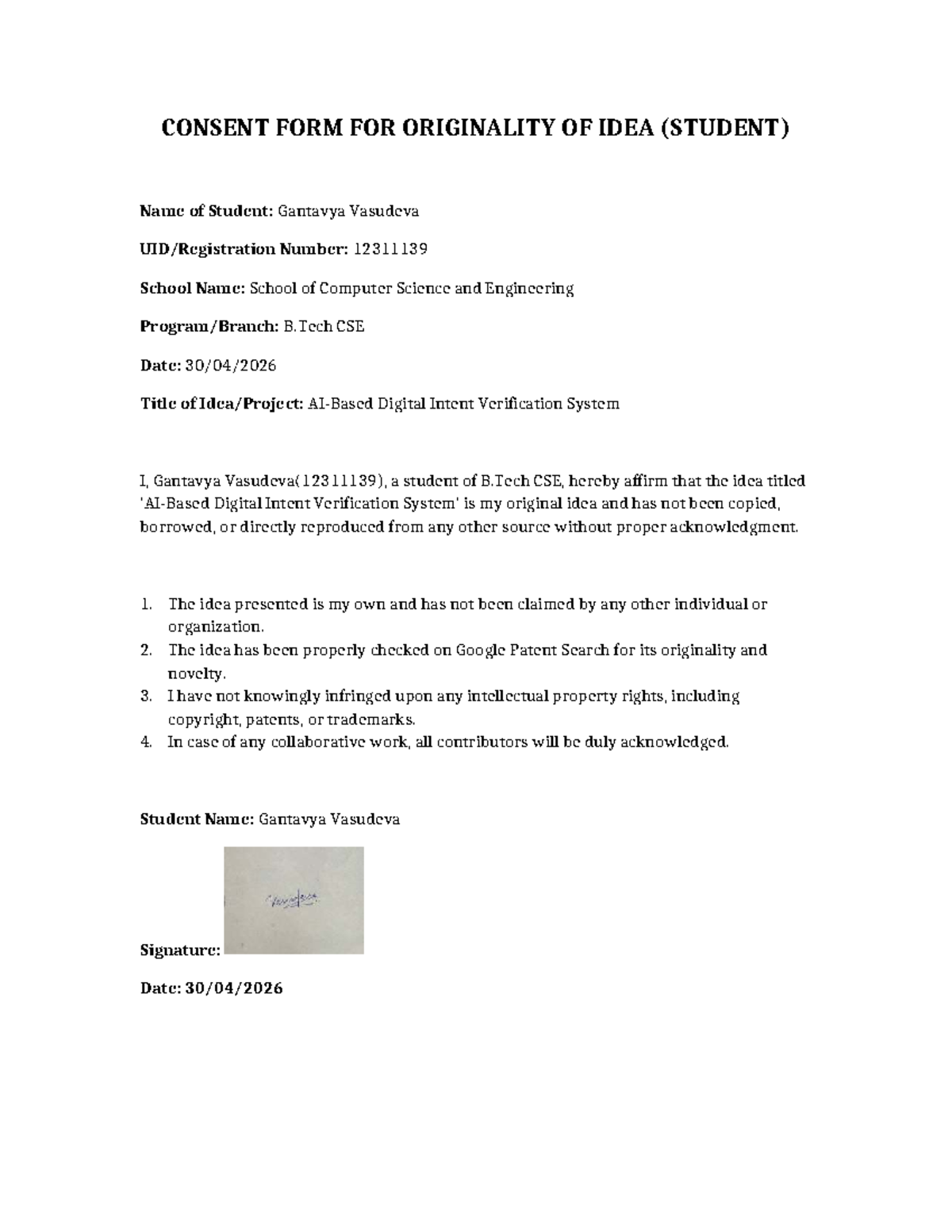 Consent Form for Originality of Idea - B.Tech CSE - Studocu