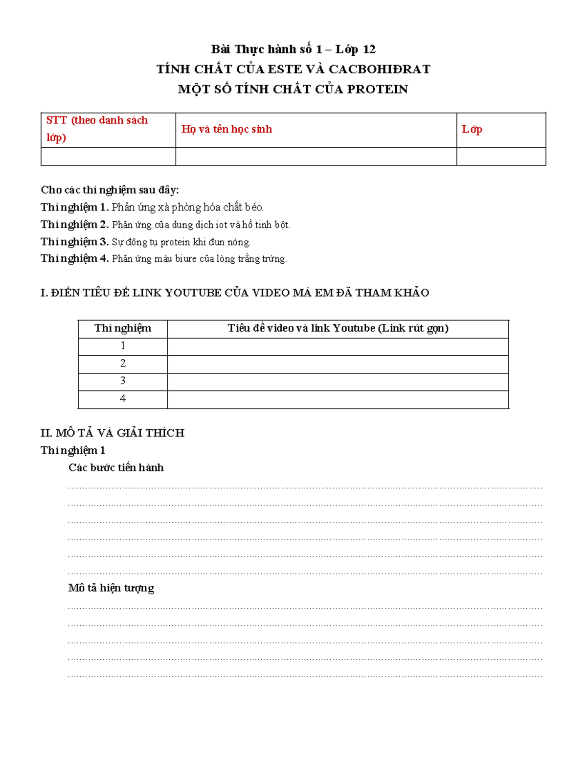 Bài Thực Hành Số 1: Tính Chất Este, Cacbohidrat và Protein Lớp 12 - Studocu