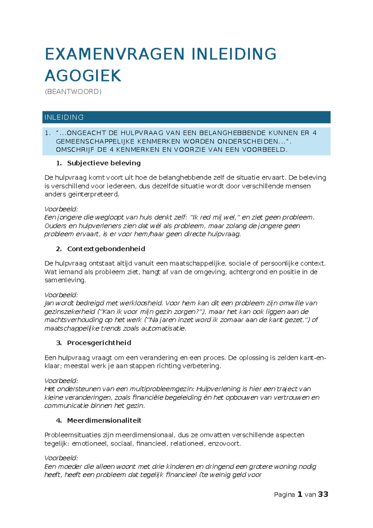 EXAMENVRAGEN INLEIDING AGOGIEK 2025-2026: BEANTWOORDEN EN VOORBEELDEN ...