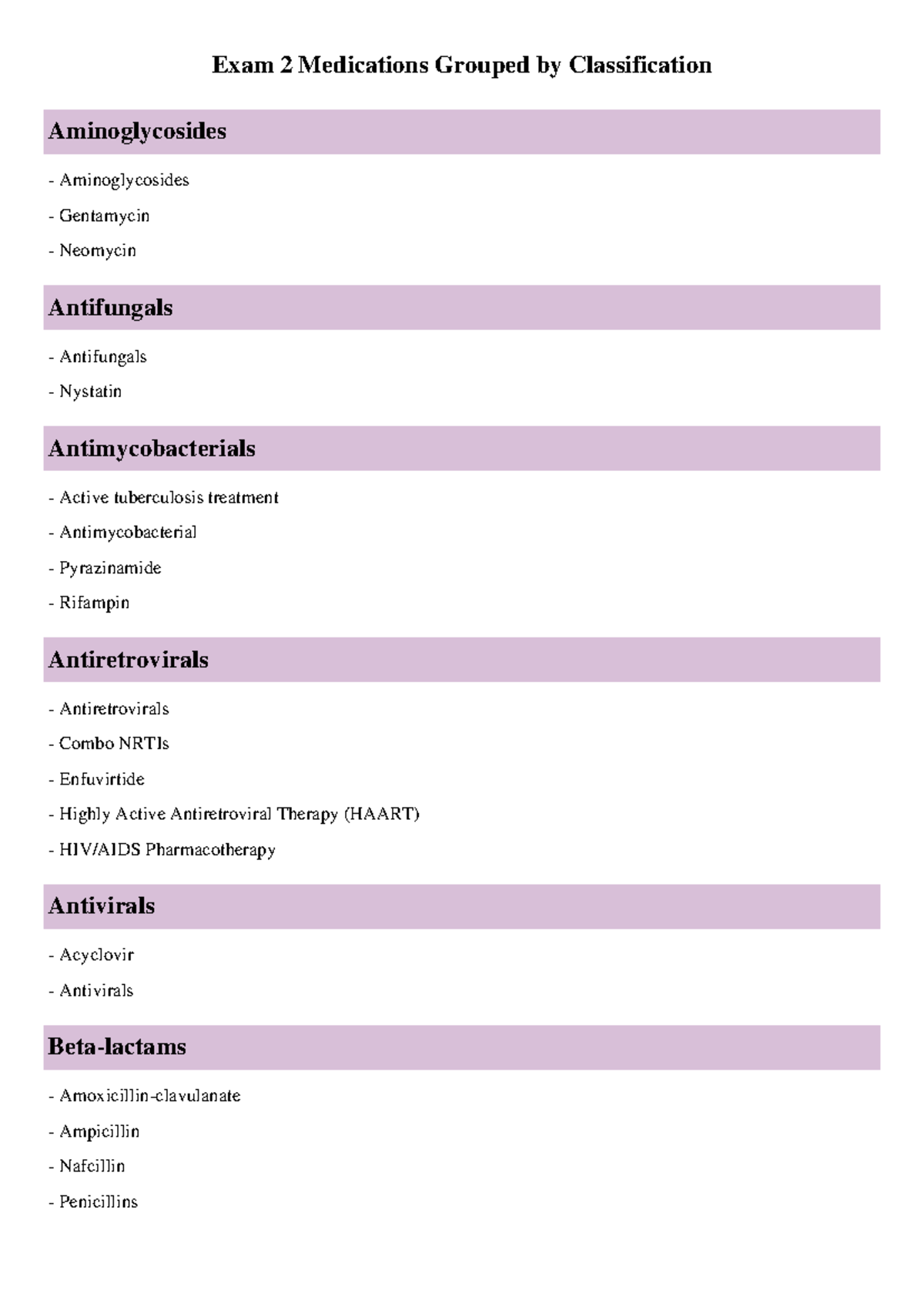 Exam 2 Meds By Classification List Only - Exam 2 Medications Grouped by ...