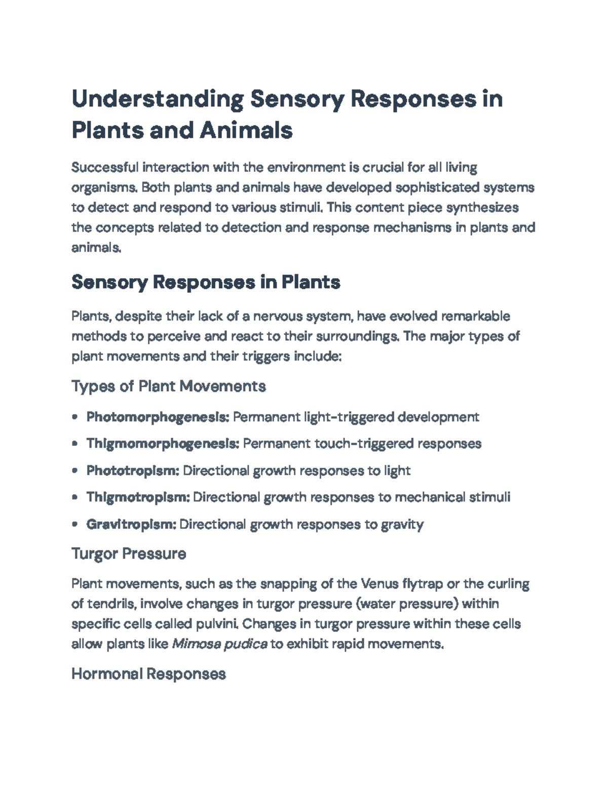 Understanding Sensory Responses in Plants and Animals - Bio 101 Notes ...