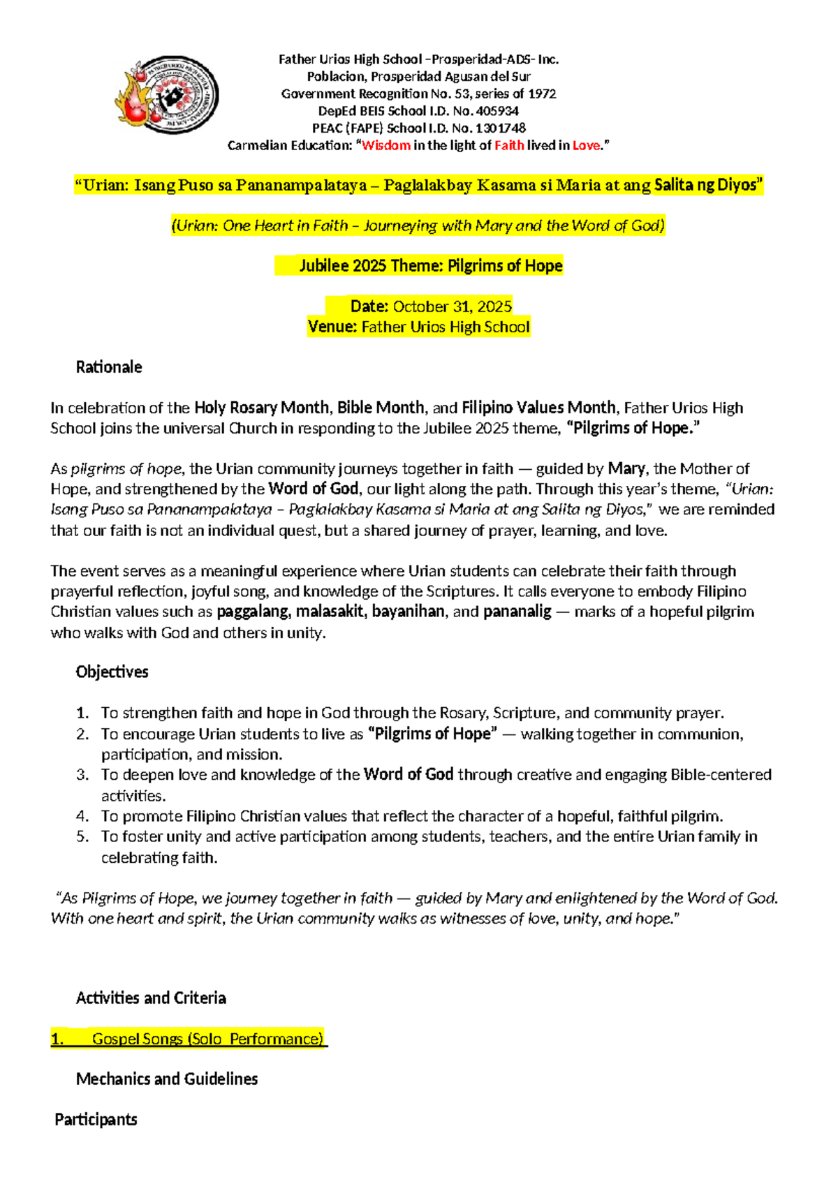 Jubilee 2025 Celebration: Isang Puso sa Pananampalataya Activities at ...