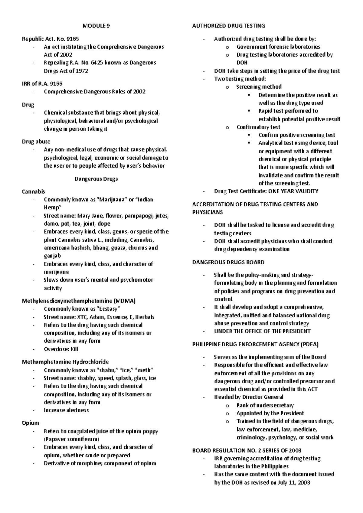 Module 9: Comprehensive Dangerous Drugs Act & Drug Testing Guidelines ...