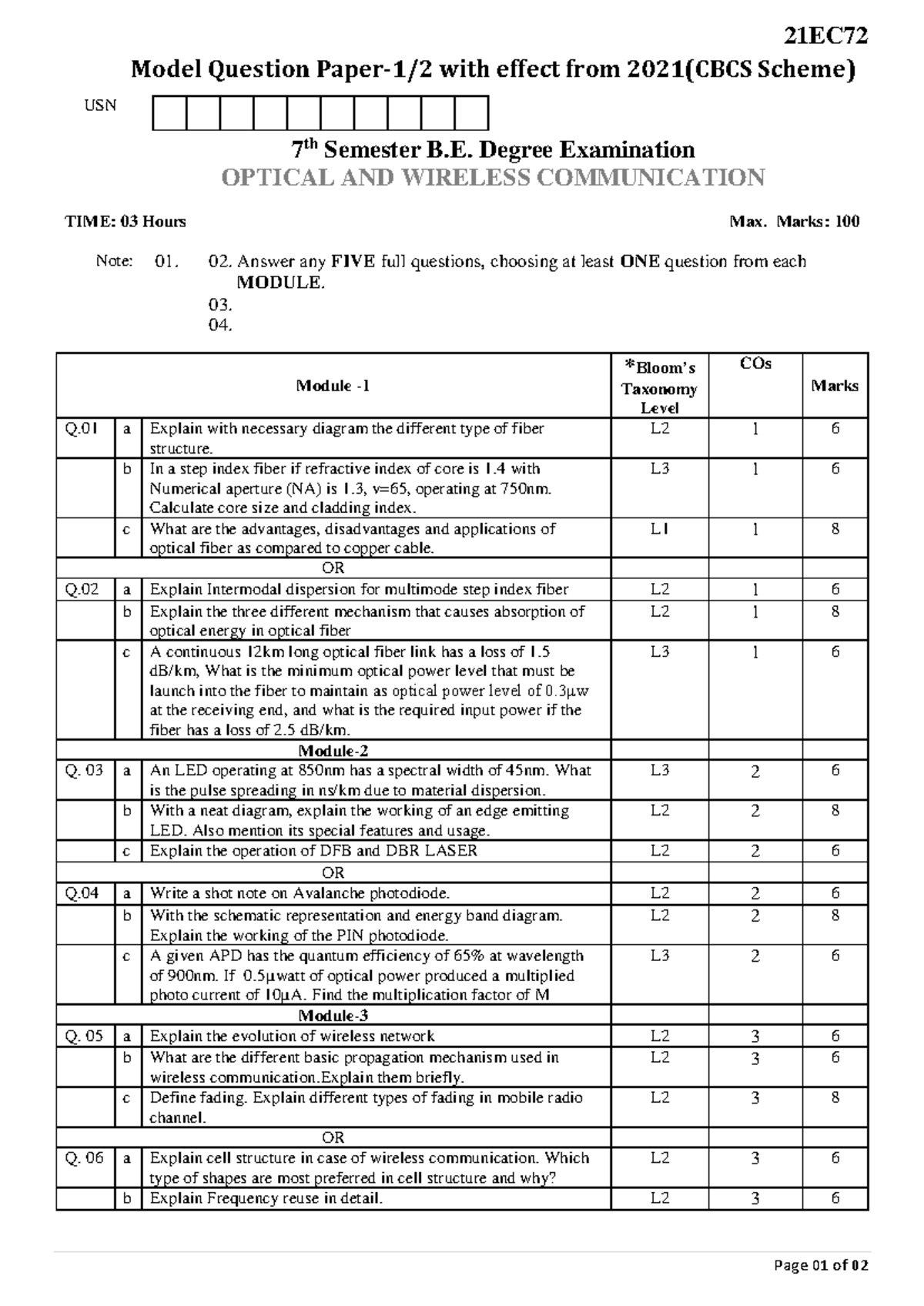 21EC72 - Model Question Paper for Optical and Wireless Communication - Studocu