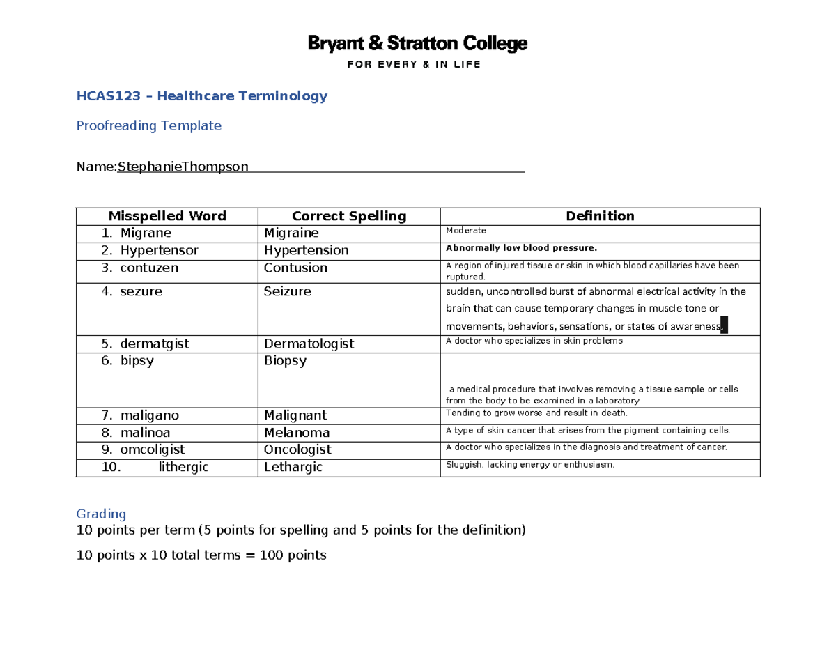 HCAS123 Healthcare Terminology Proofreading Template by S. Thompson ...