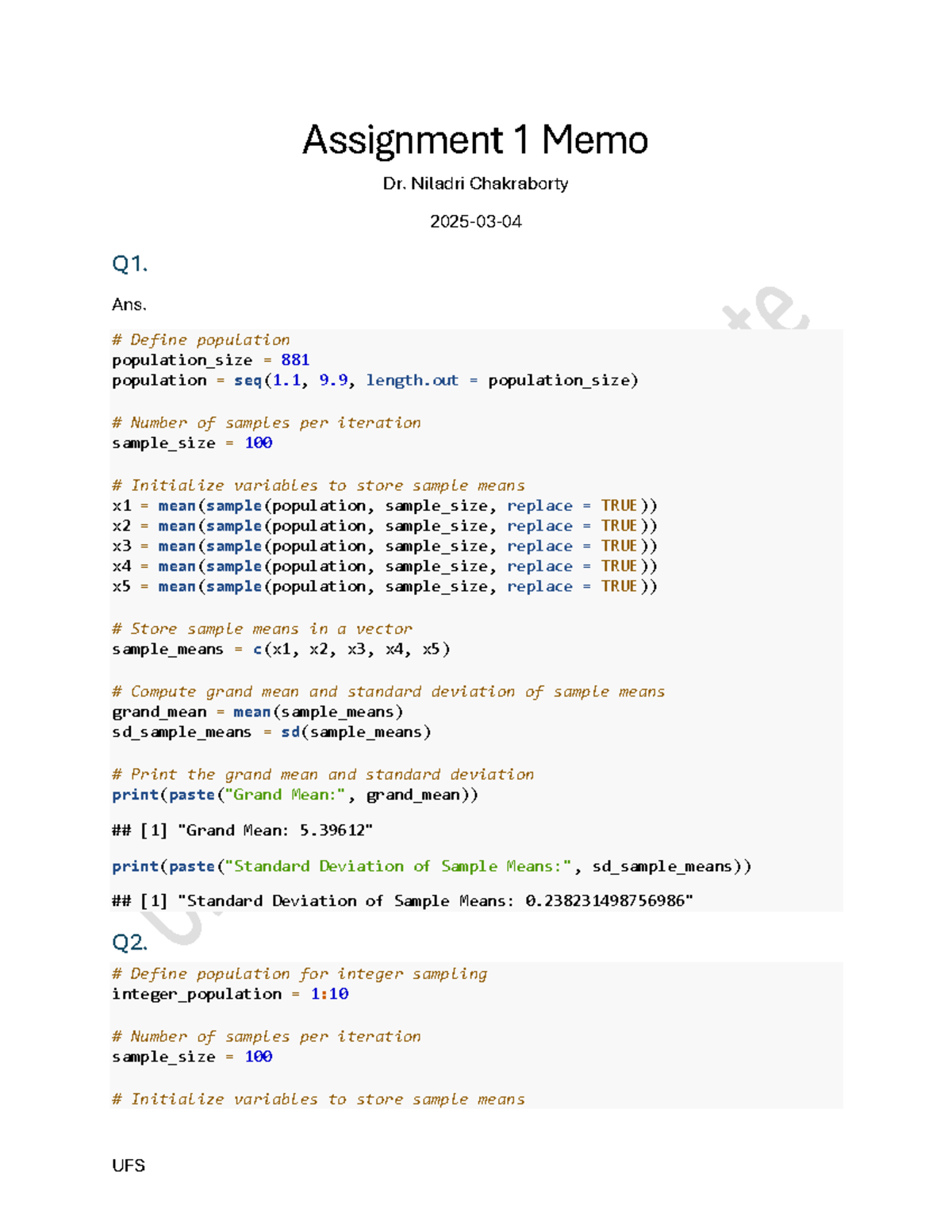 Asn1 memo - Assignment - Assignment 1 Memo Dr. Niladri Chakraborty 2025 ...