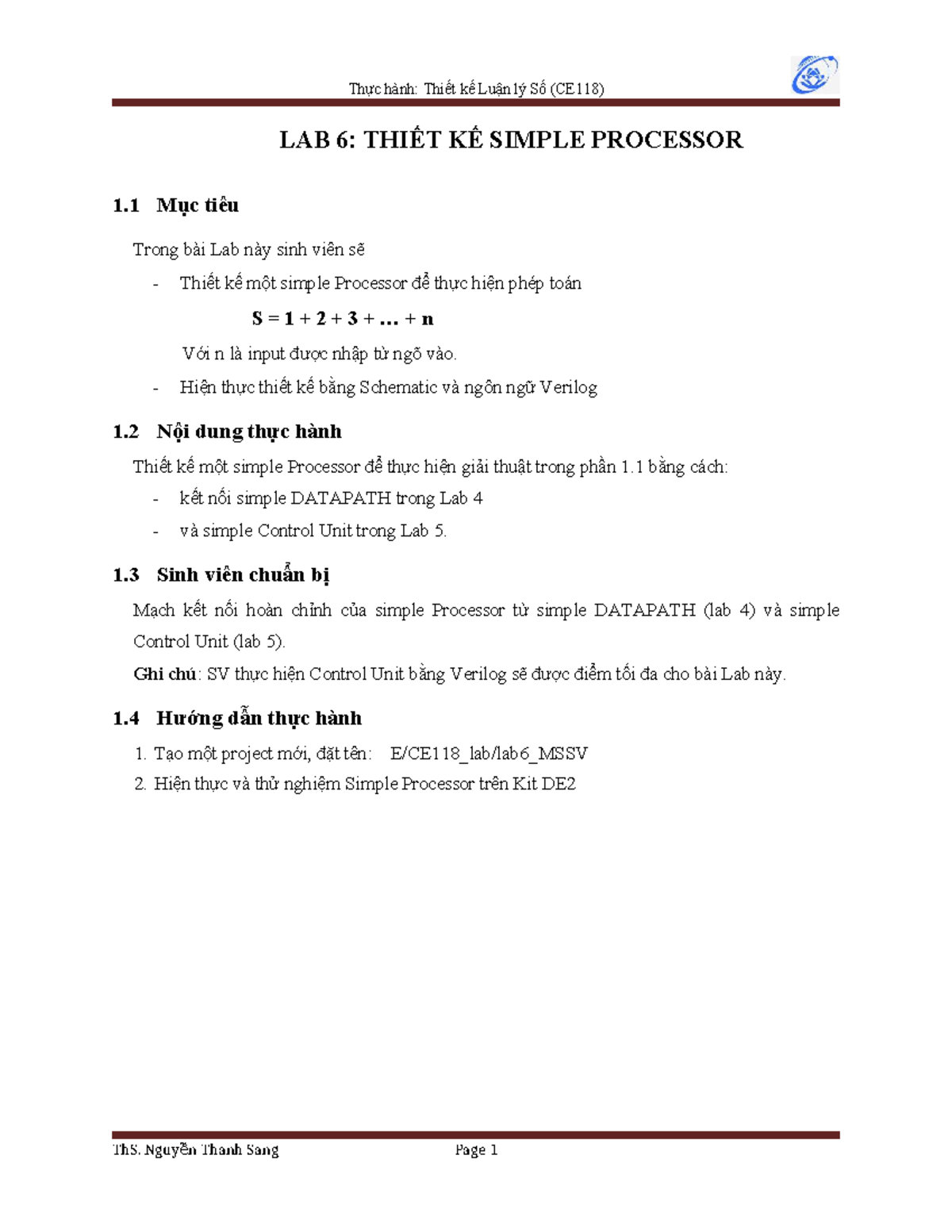 Lab 6: Thiết Kế Simple Processor (CE118) - Hướng Dẫn Thực Hành - Studocu